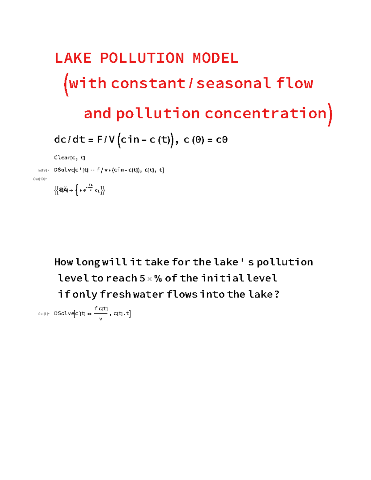 Practical 1 Lake Pollution Model - LAKE POLLUTION MODEL with constant ...