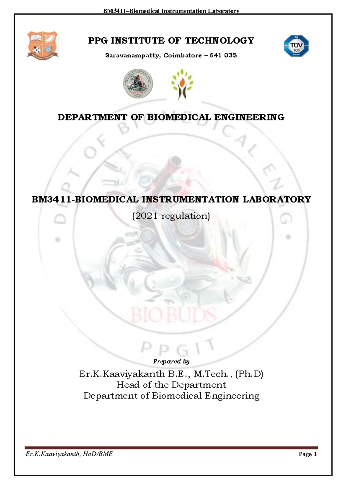 2021 reg BMI lab manual final - PPG INSTITUTE OF TECHNOLOGY ...