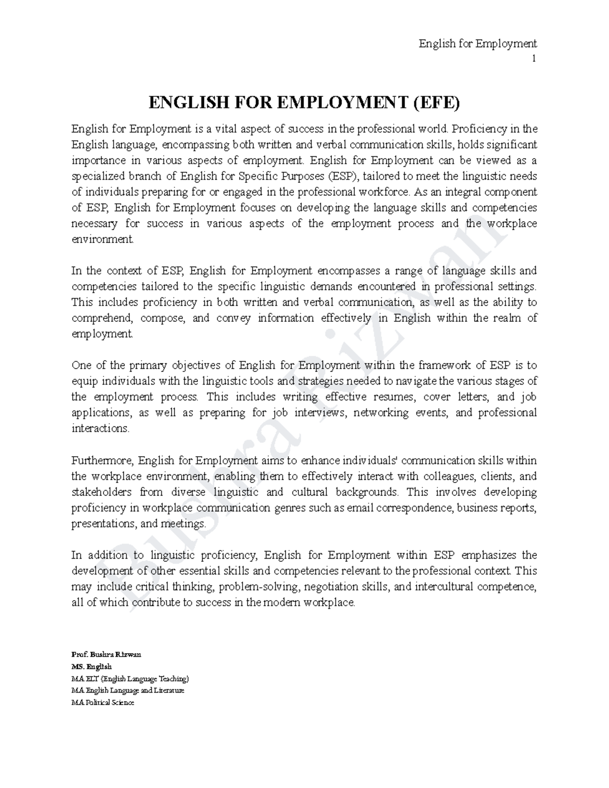 English FOR Employment - Bushra Rizwan 1 ENGLISH FOR EMPLOYMENT (EFE ...