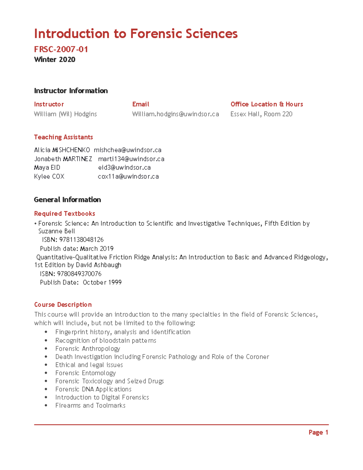 Syllabus - Introduction to Forensic Sciences FRSC-2007- Winter 2020 ...