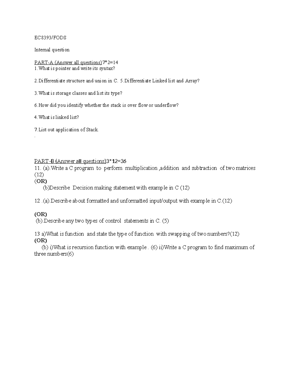 EC8393 1 - tutorial question2 - EC8393/FODS Internal question PART-A ...
