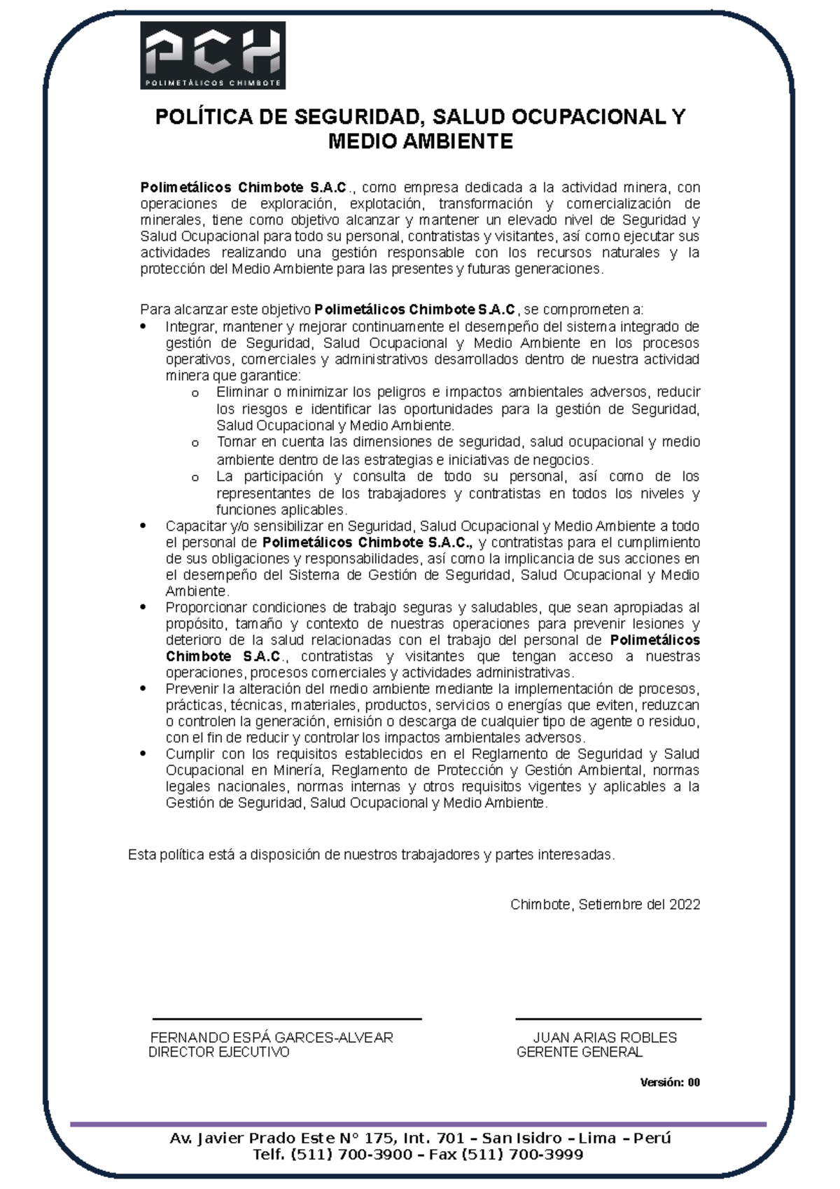 Política de seguridad, Salud Ocupacional y Medio Ambiente. Rev - POLÍTICA DE SEGURIDAD, SALUD ...