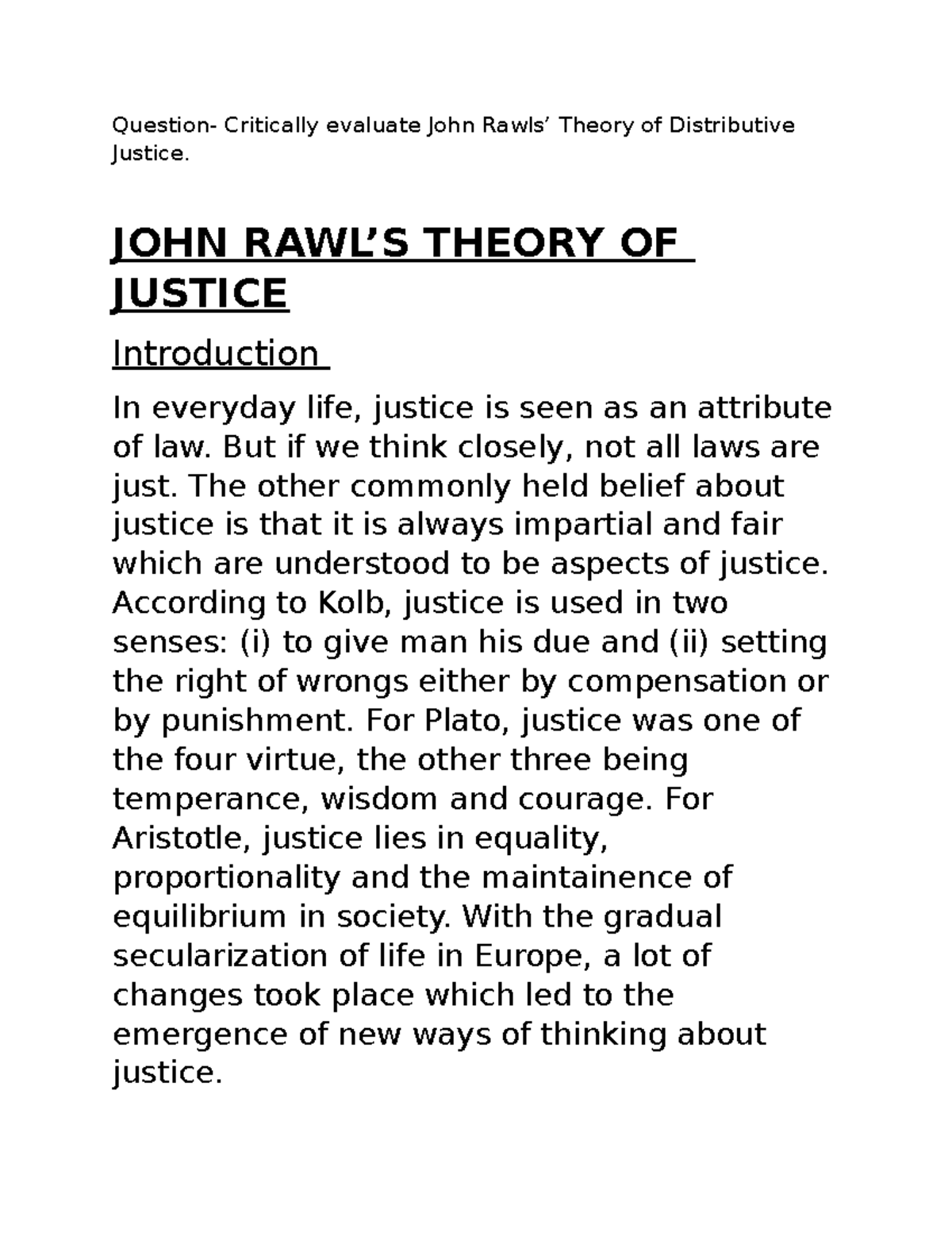 JOHN RAWL - lecture notes hain pdhlo - Question- Critically evaluate ...