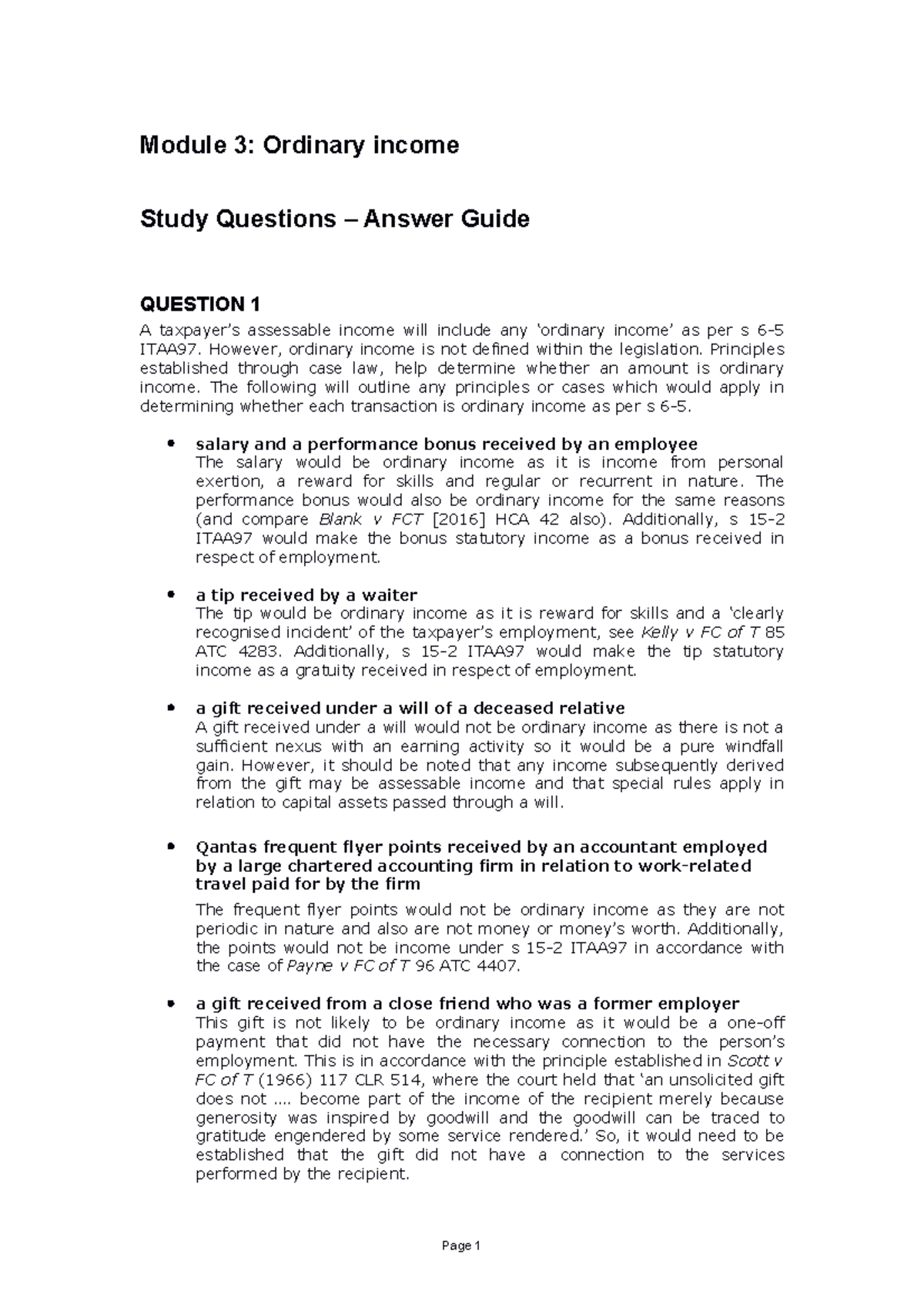 Module 3 - Study Questions - Answer Guide - Module 3: Ordinary income ...