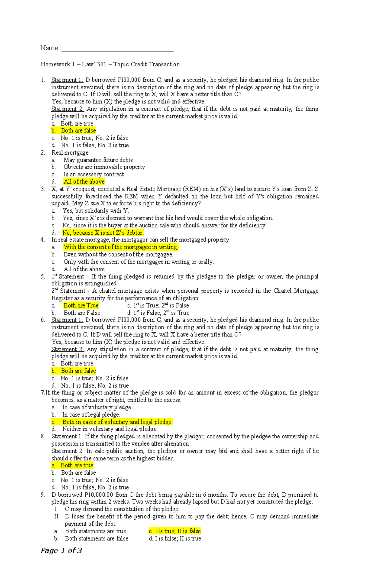 Pdfcoffee - Bsa - Name: _______________________________ Homework 1 – Law1301 – Topic Credit ...