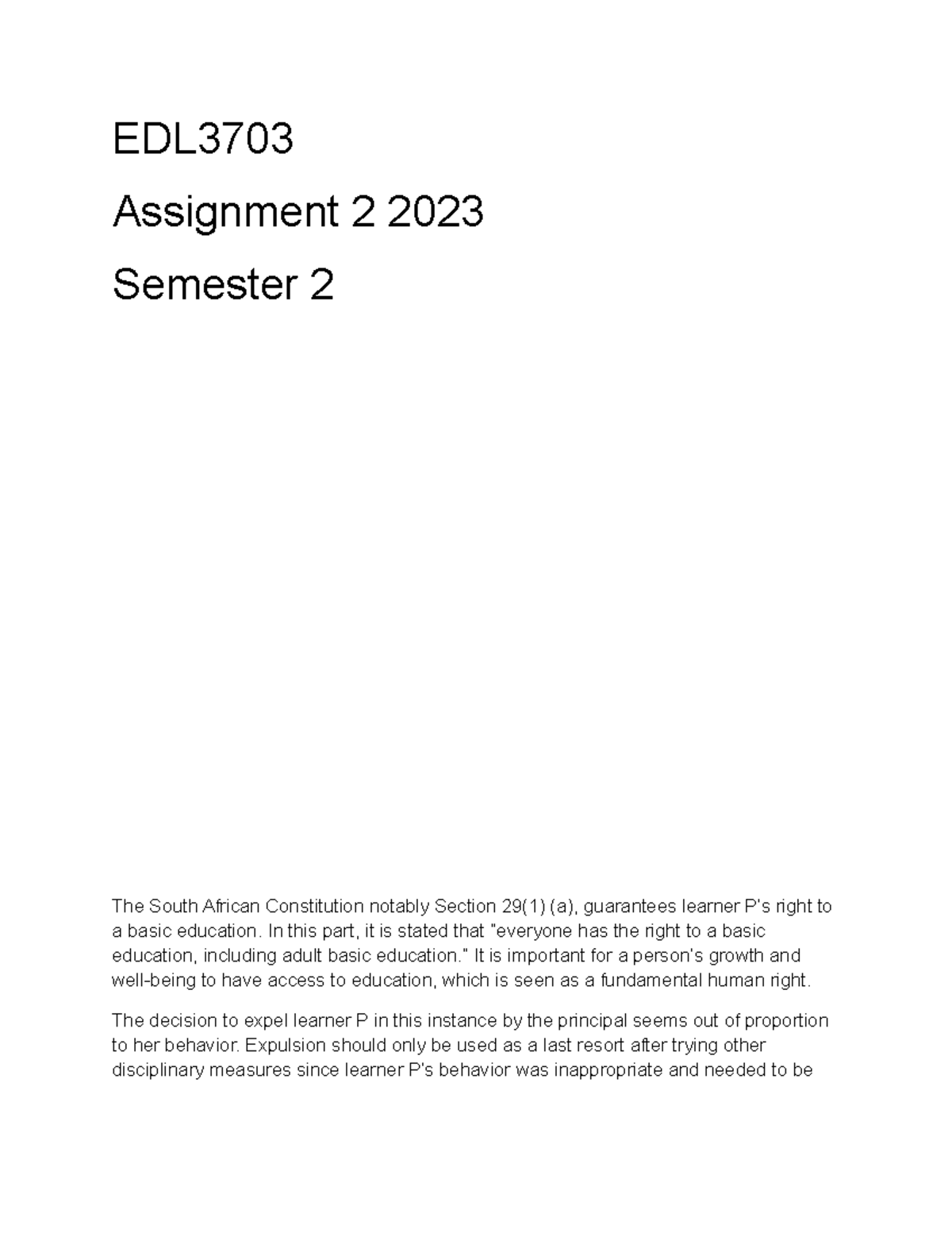 Edl3703 assignment 02 - EDL Assignment 2 2023 Semester 2 The South ...