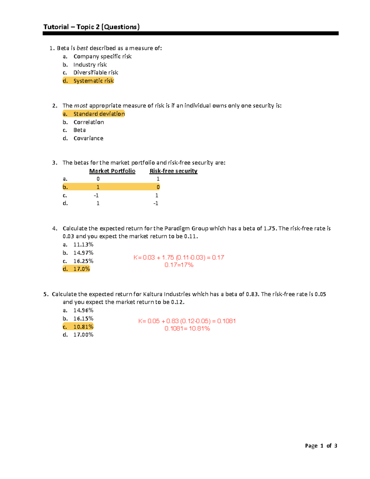 Topic 2 questions - Page 1 of 3 Tutorial – Topic 2 (Questions) Beta is ...
