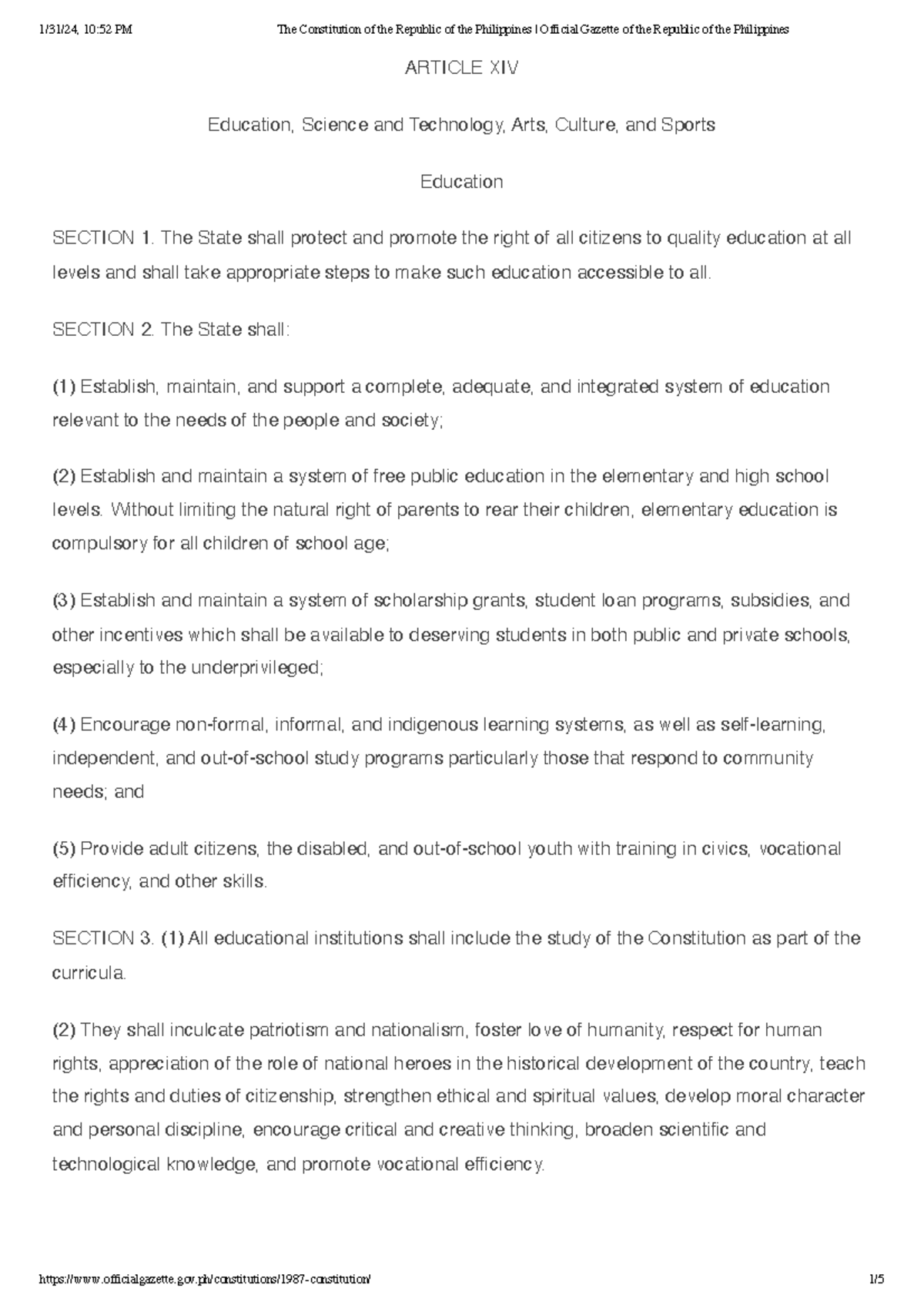 Article XIV. 1987 Constitution of the Philippines - ARTICLE XIV ...