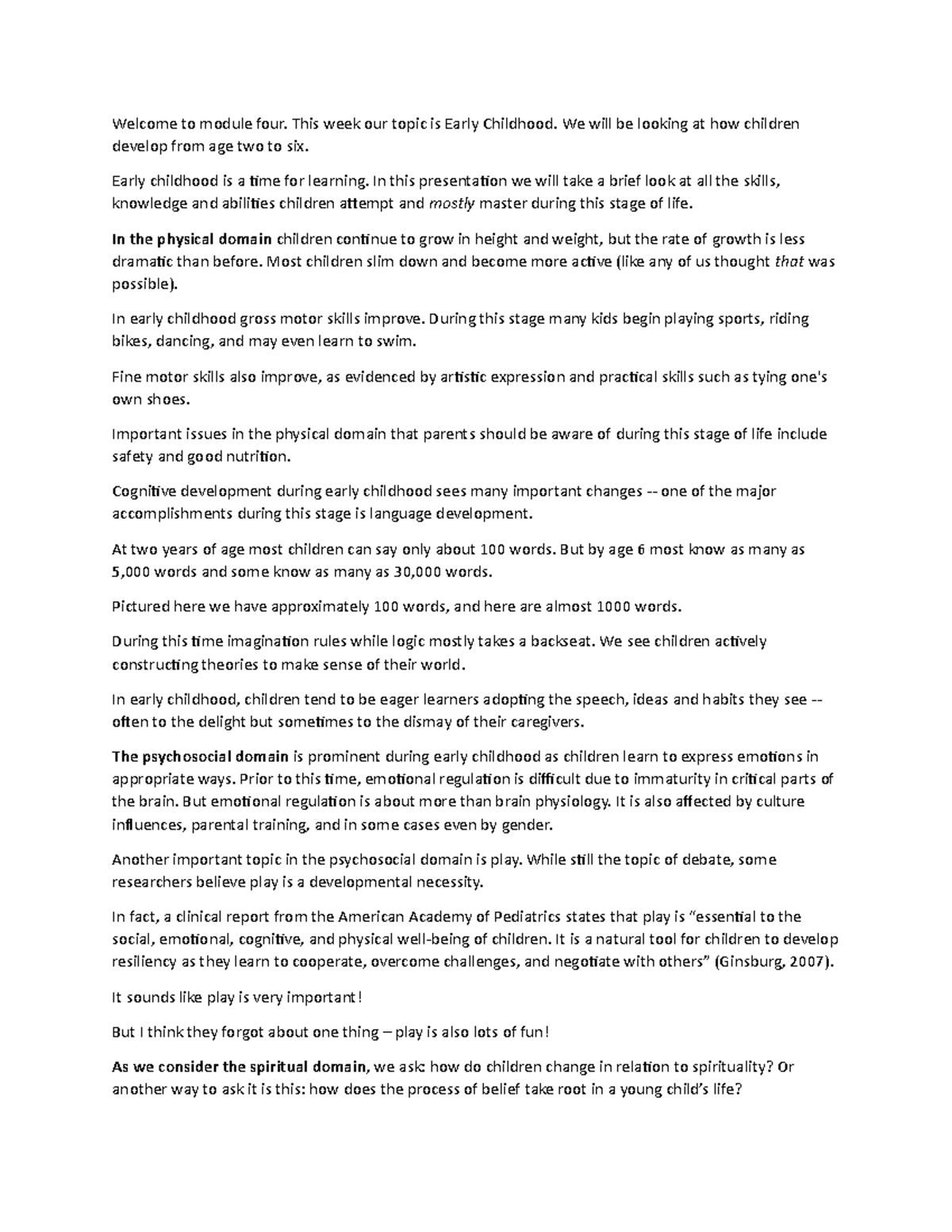 Mod 3 Early Childhood Transcript - Welcome to module four. This week ...