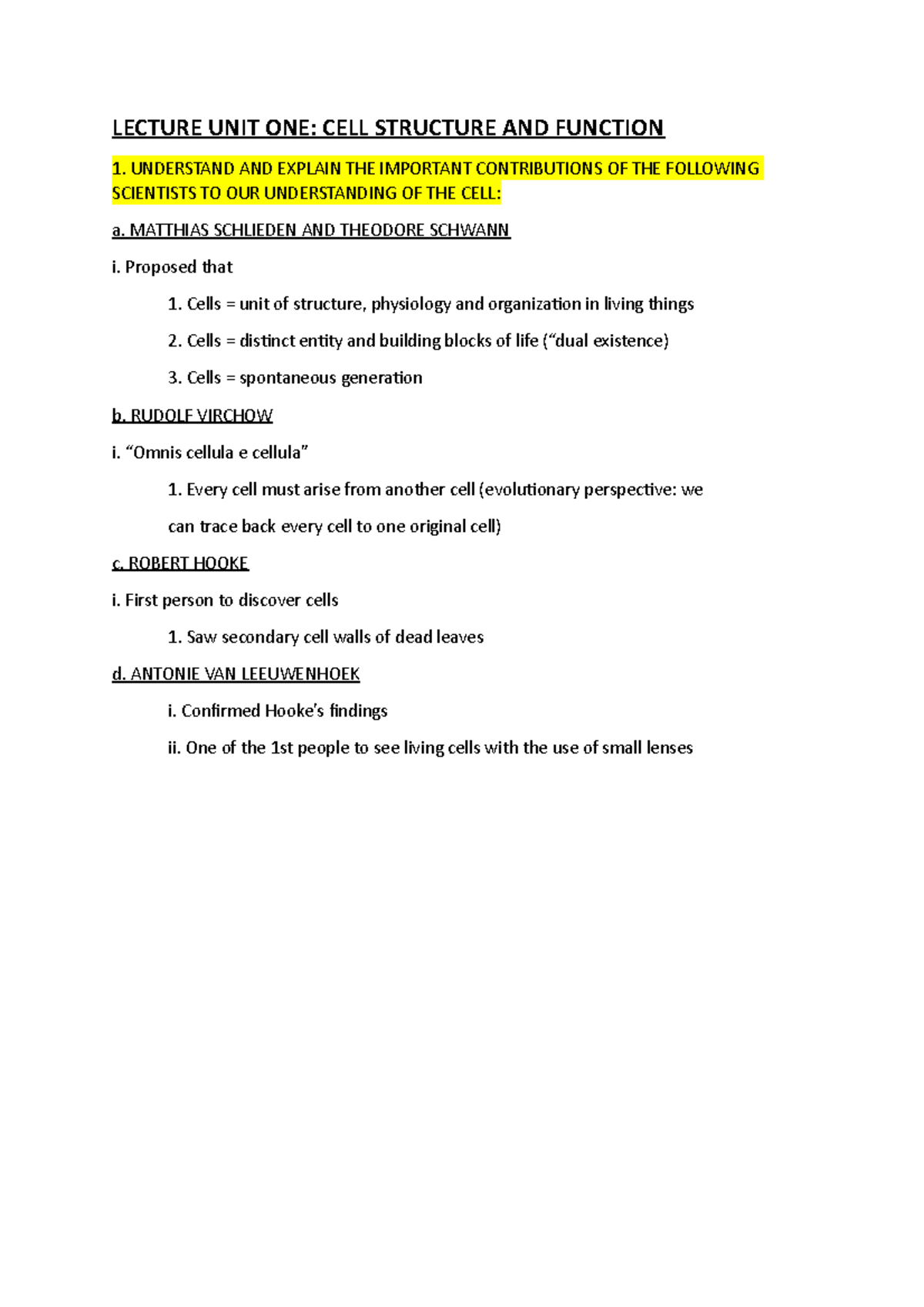 MLB 111 Unit 1 - Study Objective - LECTURE UNIT ONE: CELL STRUCTURE AND ...