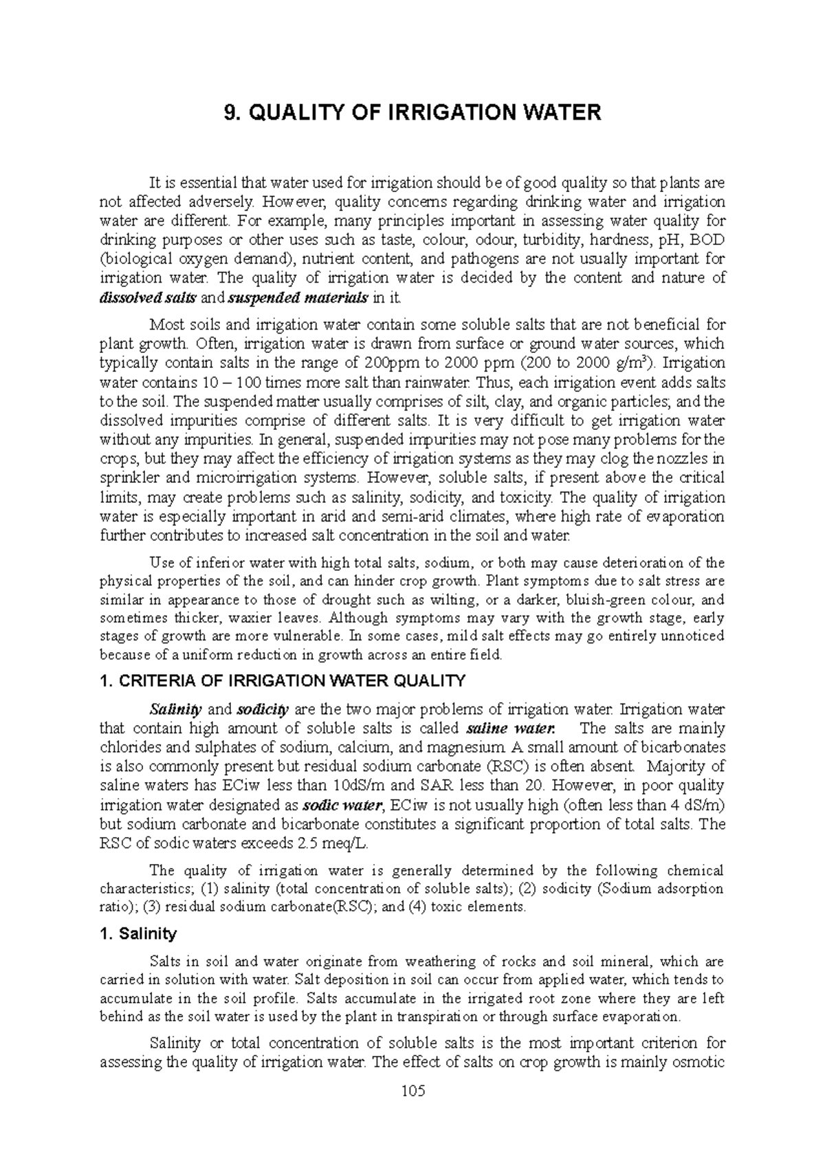 9. QUALity of irrigation water , standards to be followed - 9. QUALITY ...