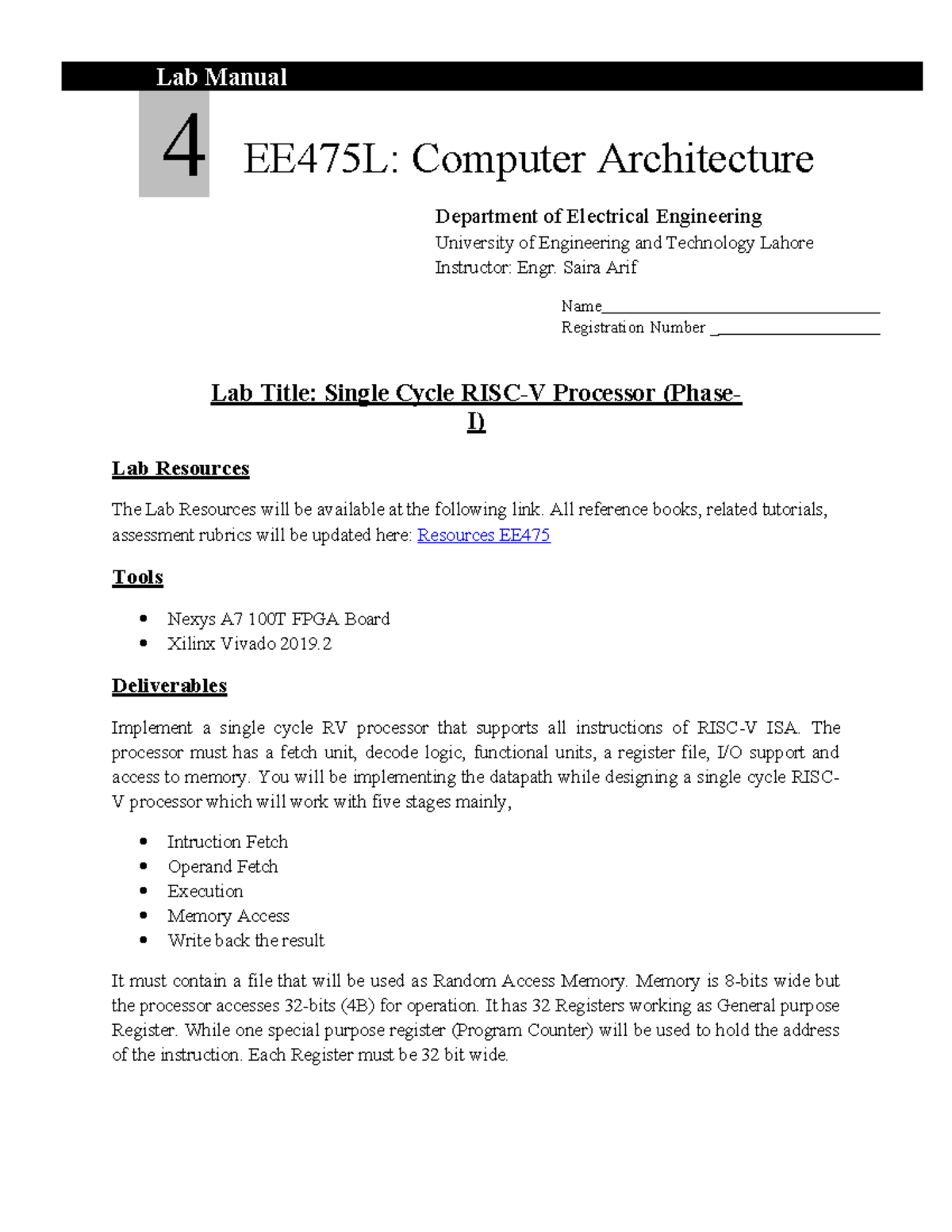 EE475 CA Lab 04 - good - 4 EE475L: Computer Architecture Department of Electrical Engineering ...