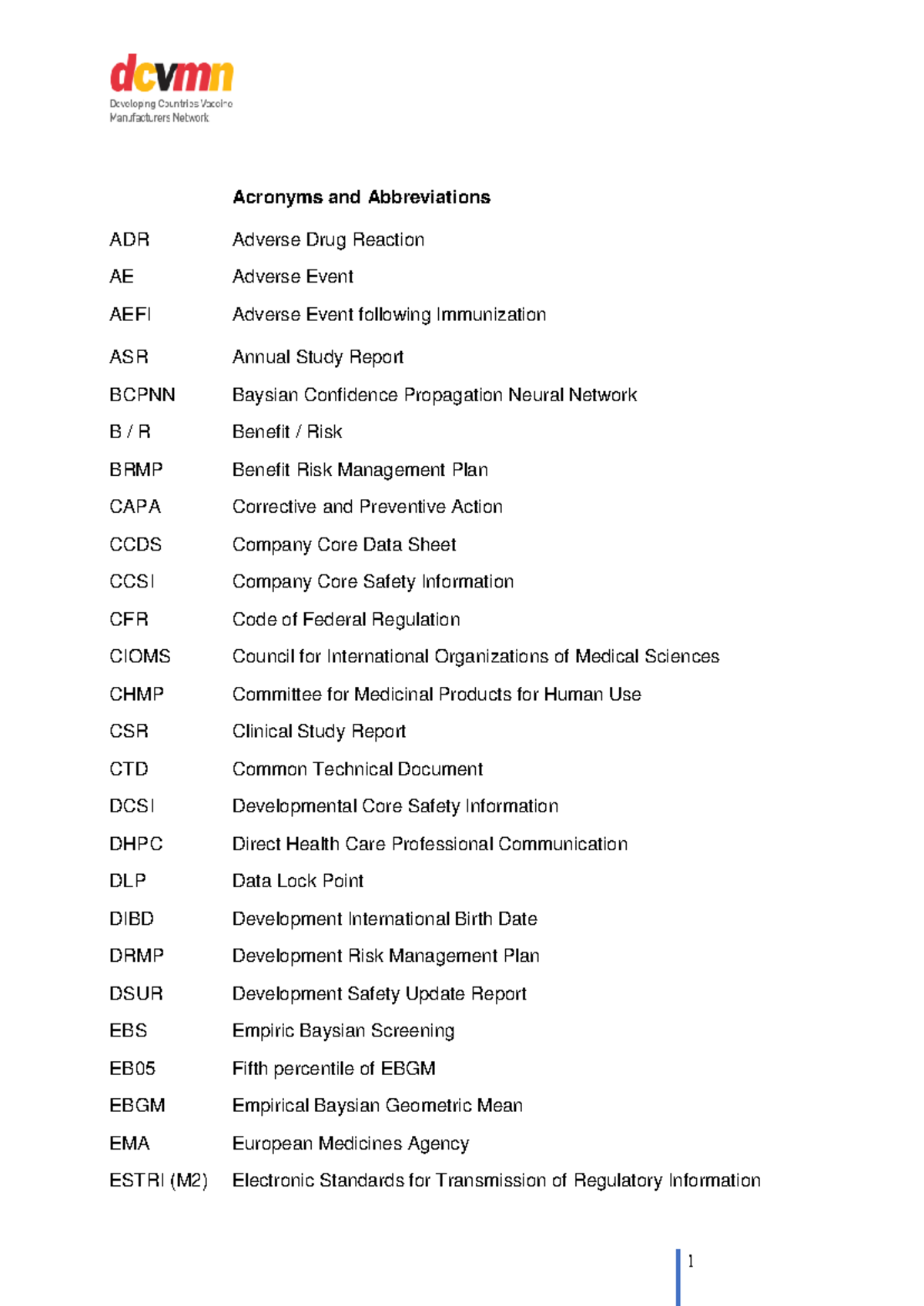 Acronyms and abbreviations - 1 Acronyms and Abbreviations ADR Adverse ...