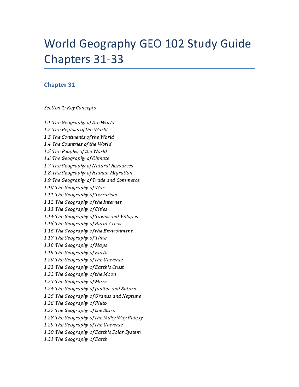 World Geography GEO 102 Study Guide Chapters 31-33 - World Geography ...