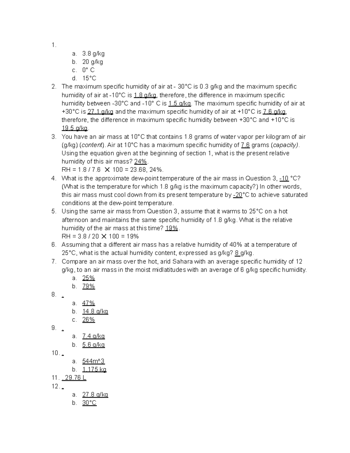 GEO130 - Lab test - 1. a. 3 g/kg b. 20 g/kg c. 0° C d. 15°C 2. The ...