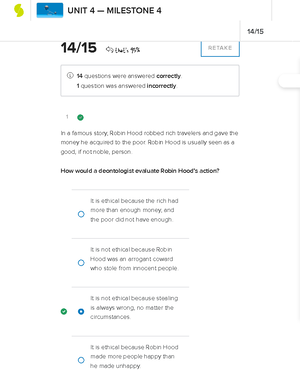 Intro to Ethics Final Milestone - 1 19 / 25 that's 76% RETAKE 19 ...