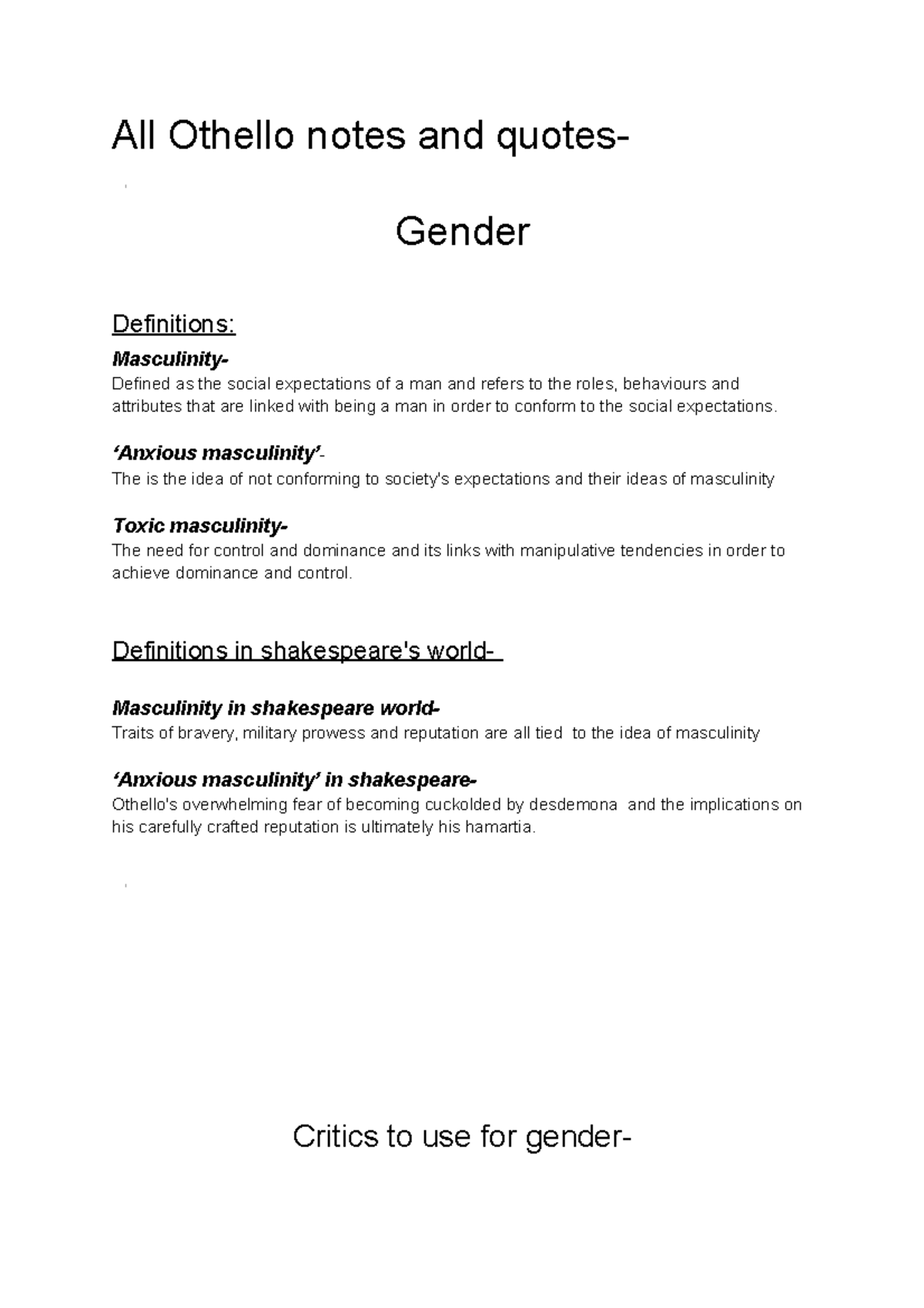 All Othello notes and quotes - All Othello notes and quotes- Gender ...