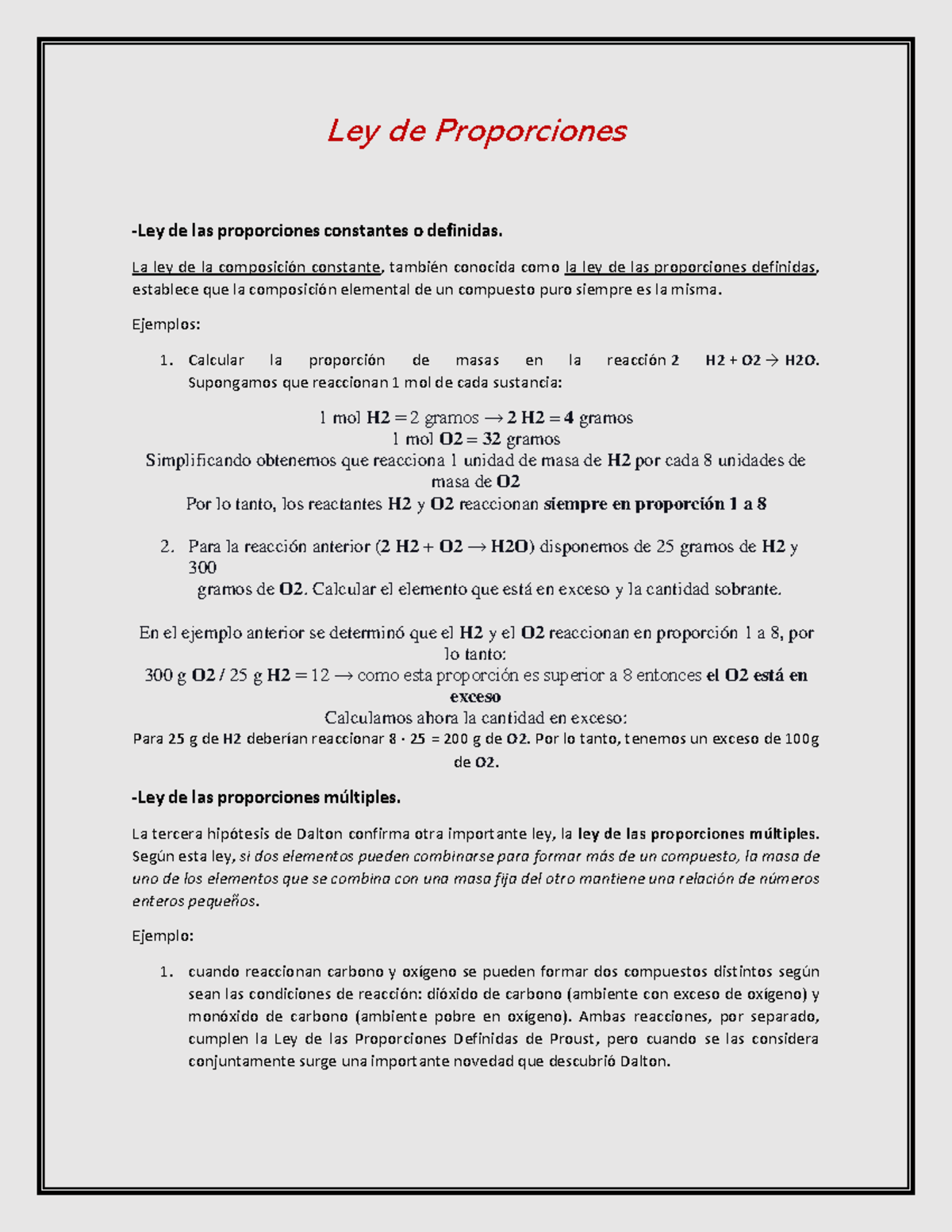 Resumen Ley de Proporciones - Ley de Proporciones -Ley de las ...