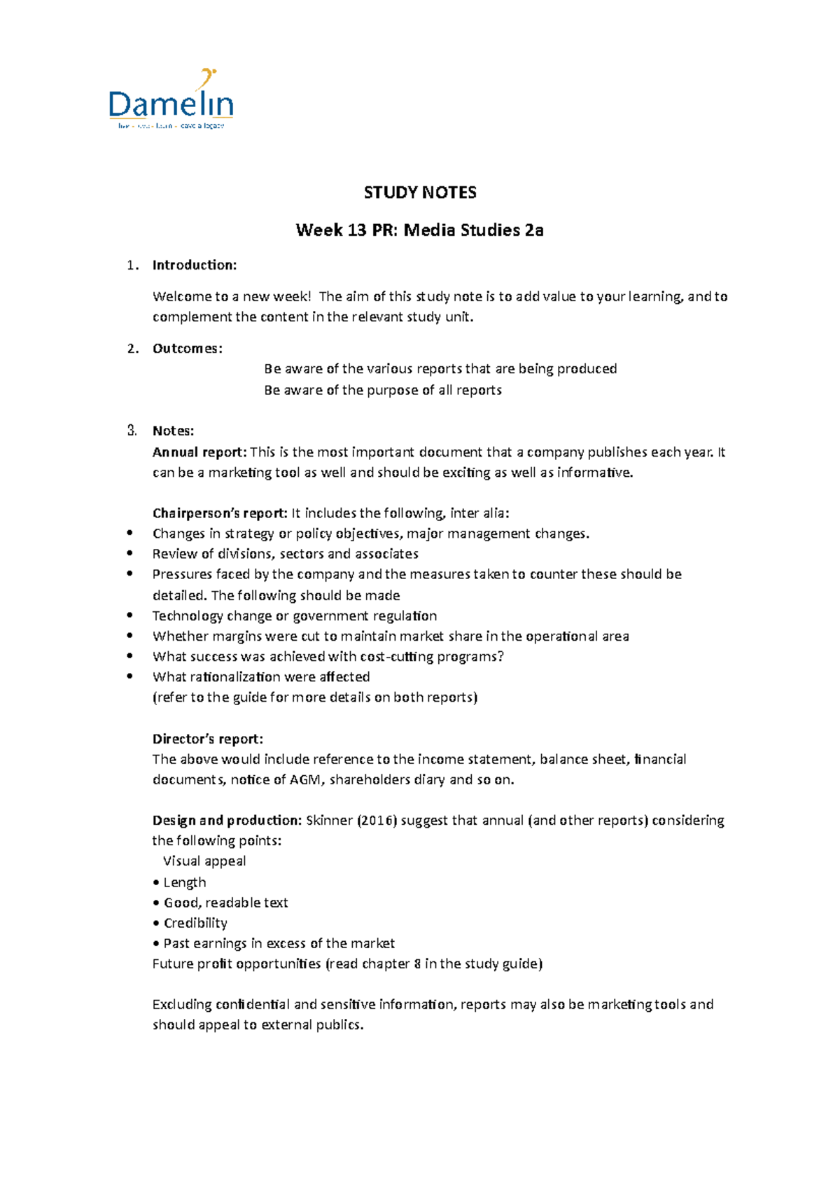Study Notes Media St 2 week 13 (Dip PR) - STUDY NOTES Week 13 PR: Media ...