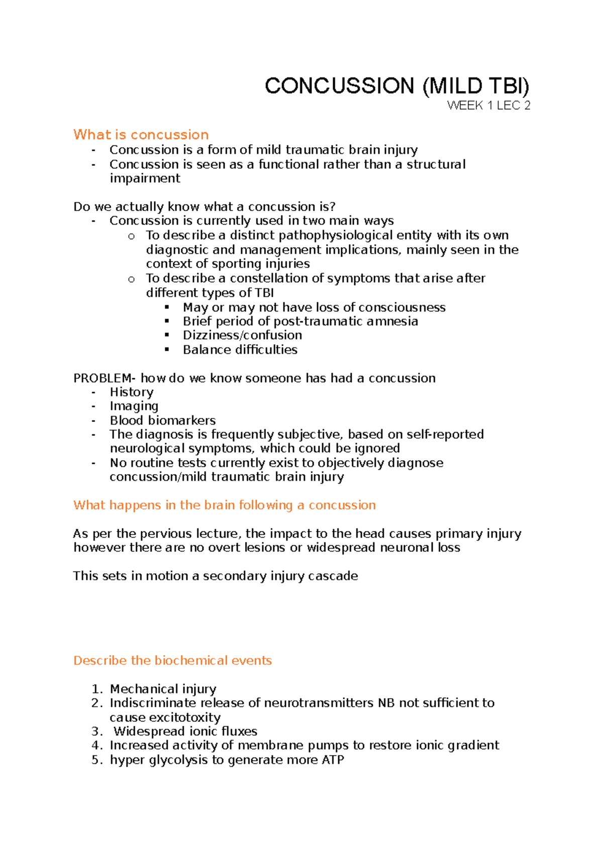 Concussion - lec notes with learning objectives - CONCUSSION (MILD TBI ...