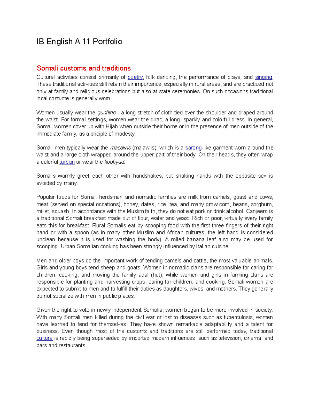 IB English A 11 Portfolio - IB English A 11 Portfolio Somali customs ...