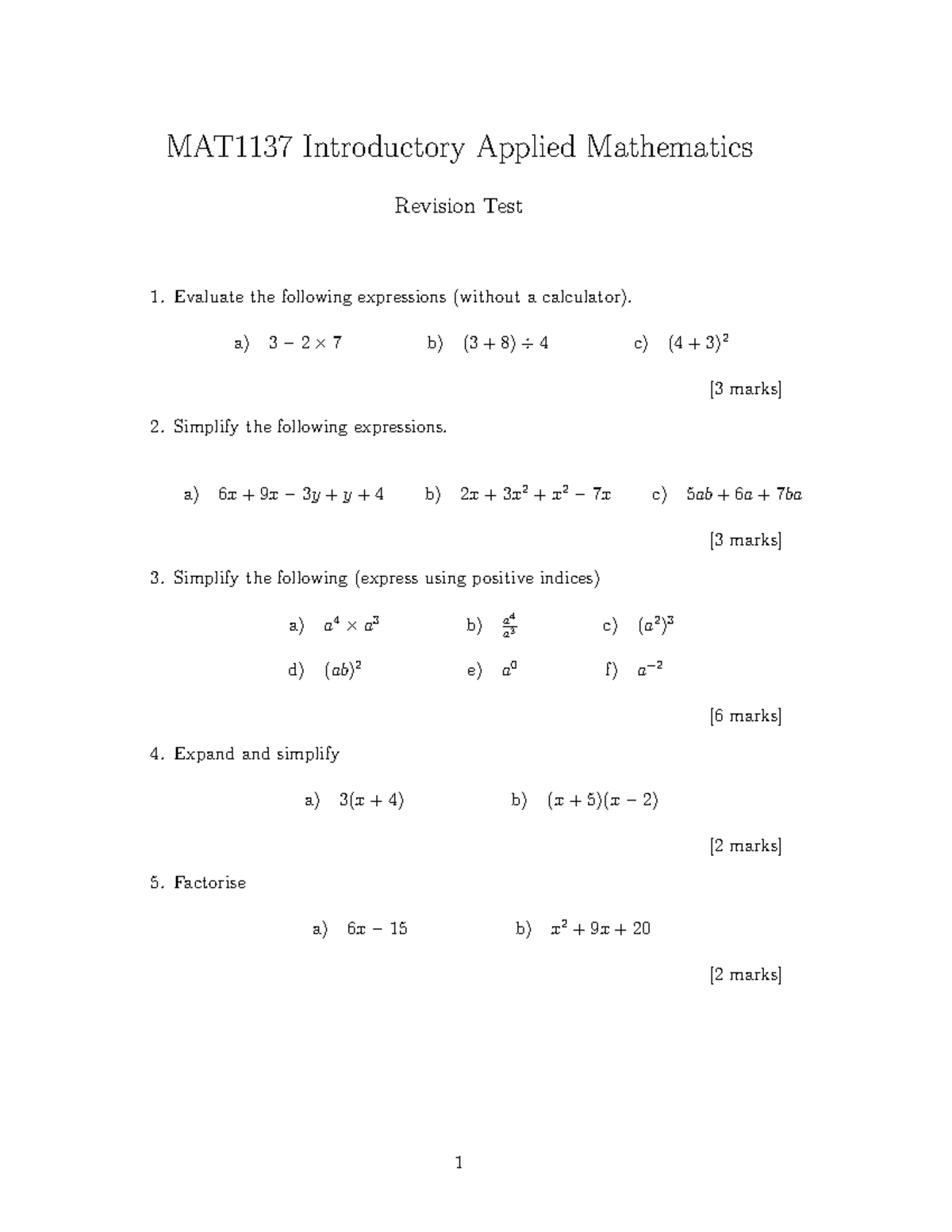 Background Test - MAT1137 Introductory Applied Mathematics Revision ...