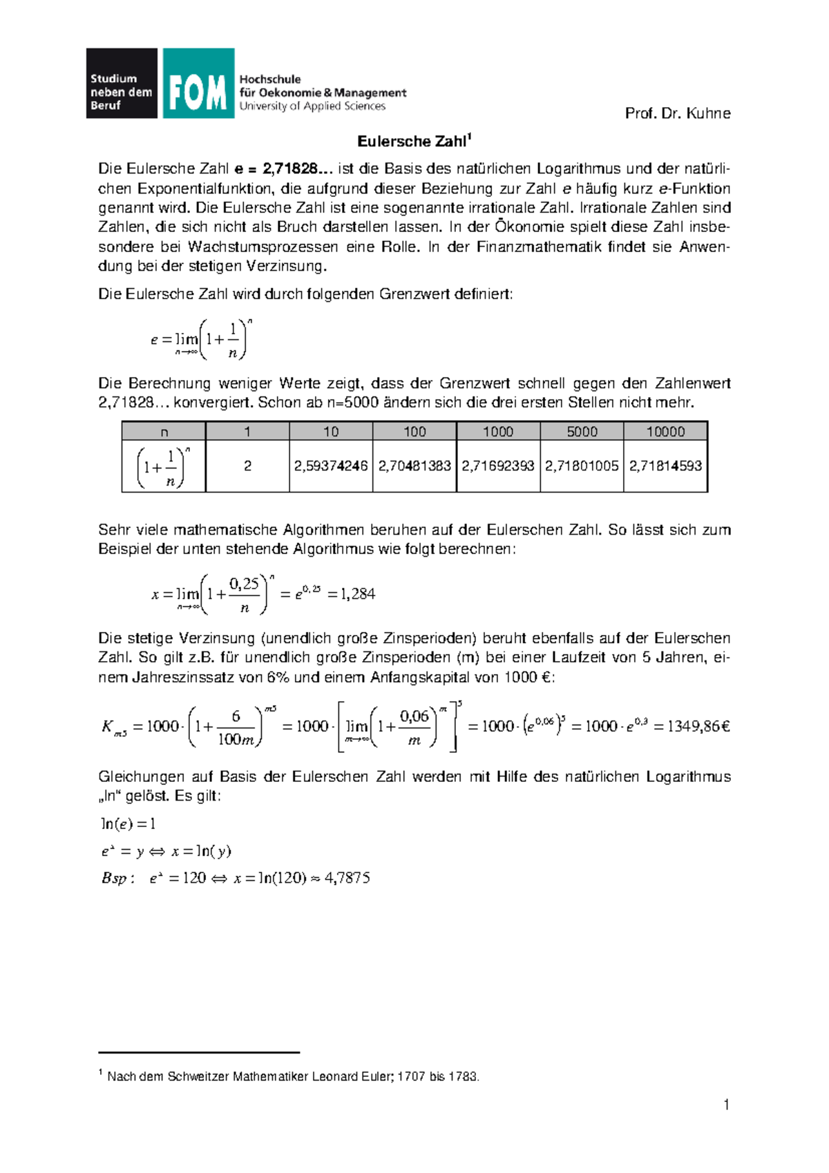 Eulersche Zahl - Sommersemester - Prof. Dr. Kuhne 1 Eulersche Zahl 1 ...