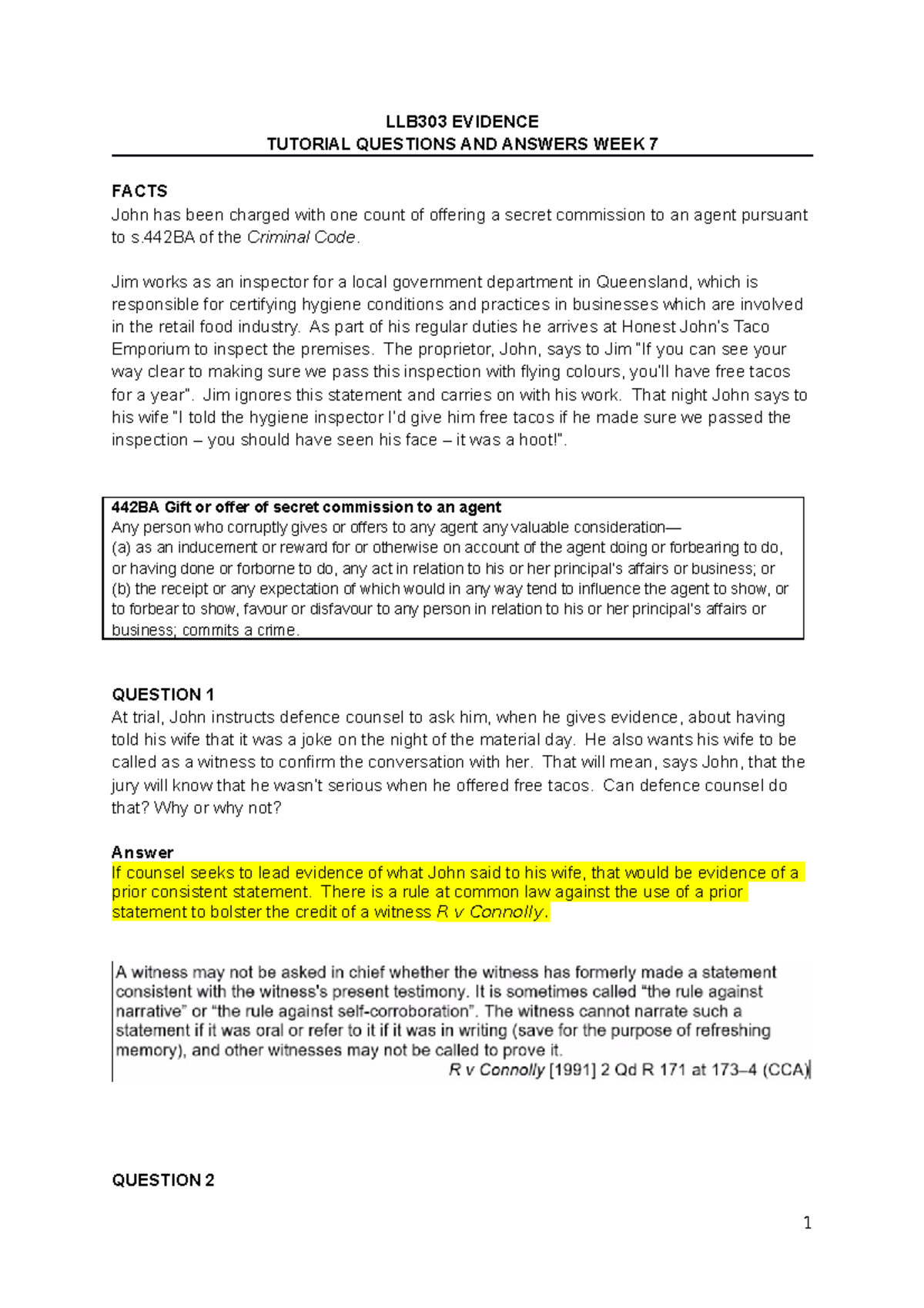 Answer Guide Week 7 - guide week 7 evidence - LLB303 EVIDENCE TUTORIAL ...