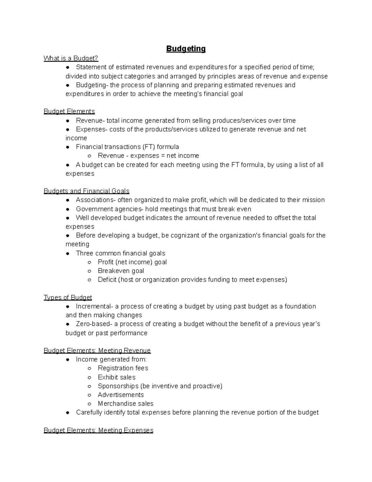 HOSP 4 - Notes on HOSP215's important concept, Budgeting. - Budgeting ...