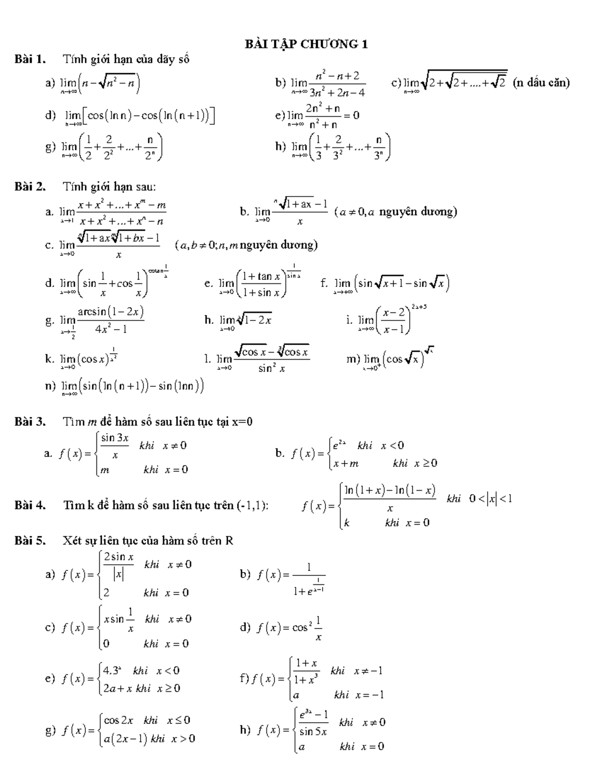 Bài tập toán A1-AT19 - BÀI TẬP CHƯƠNG 1 Bài 1. Tính giới hạn của dãy số ...