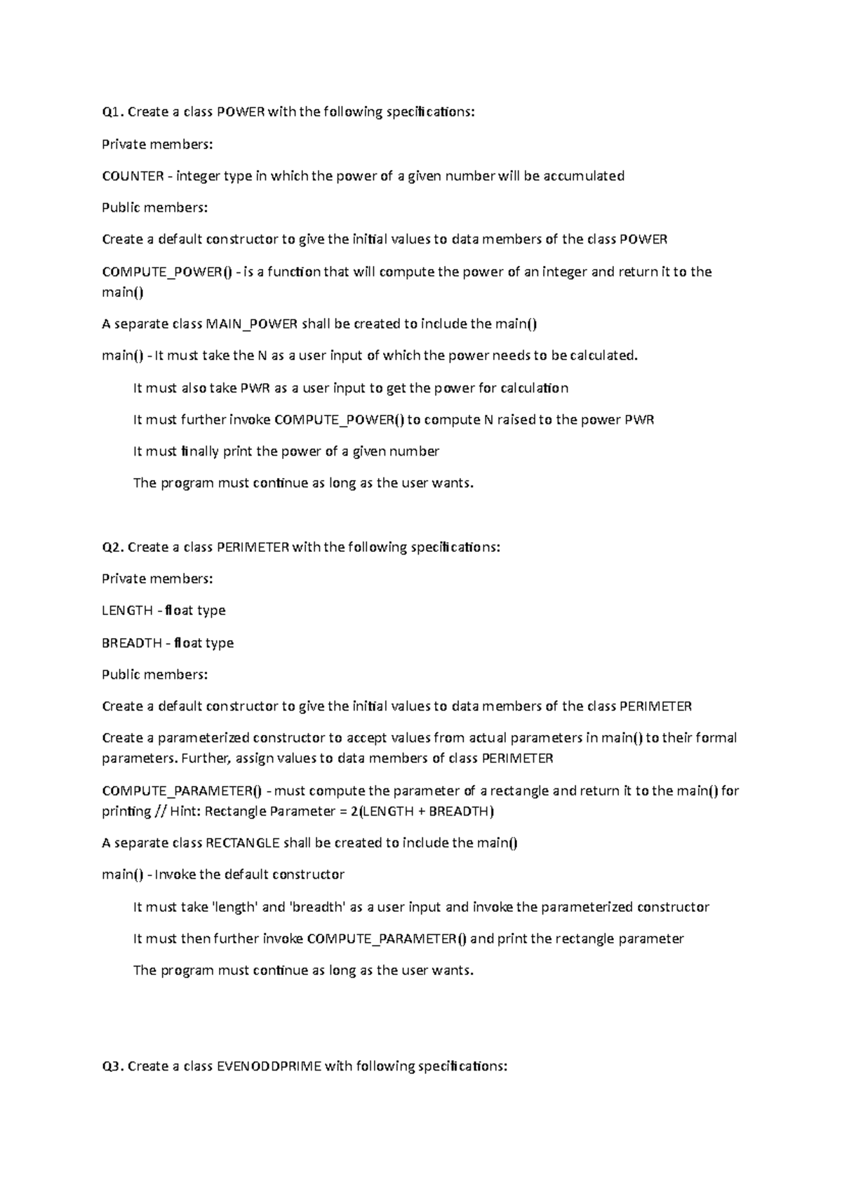 Assignment 1 - Java important practice questions - Q1. Create a class ...