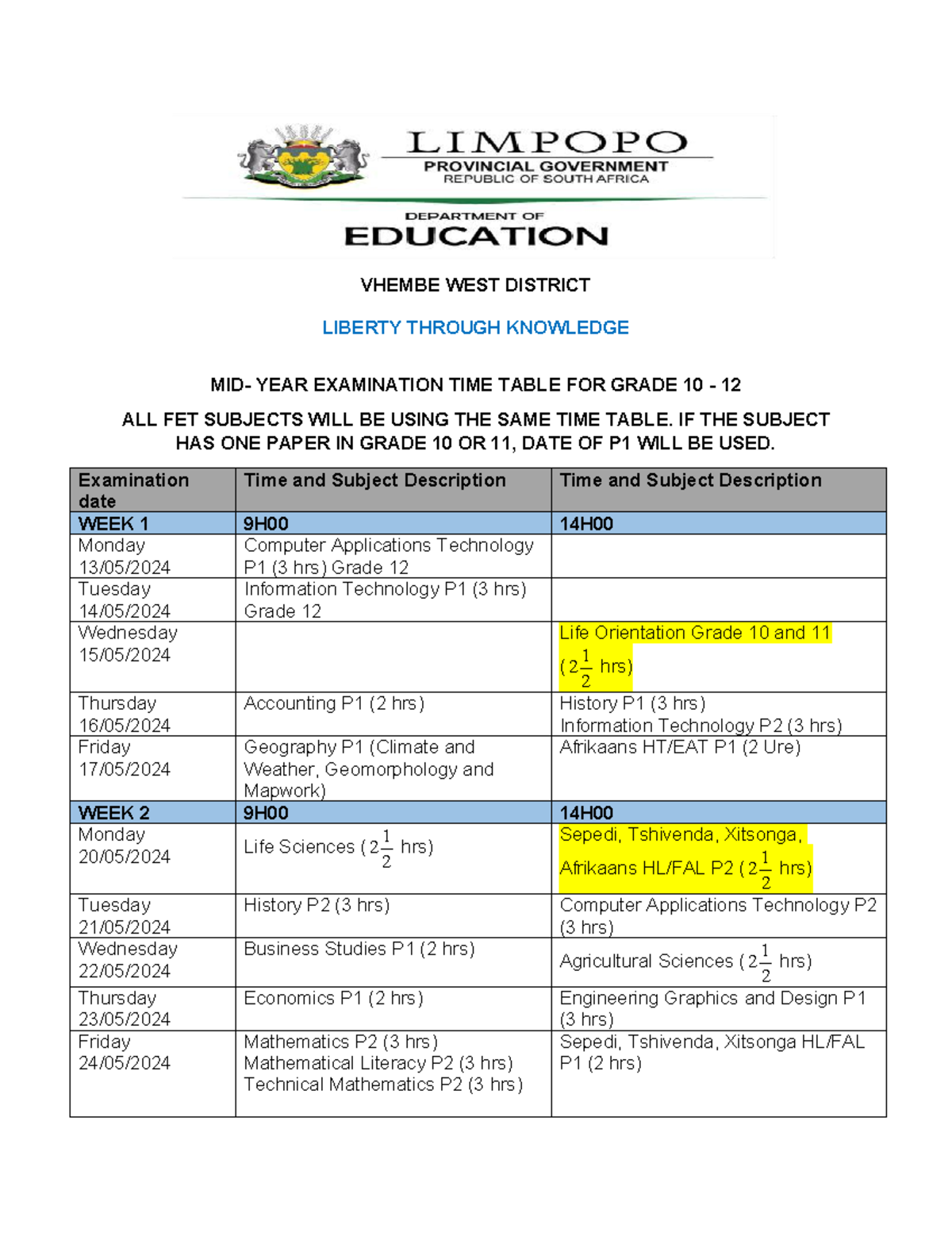 2024 FET MID-YEAR Examination TIME Table - VHEMBE WEST DISTRICT LIBERTY ...