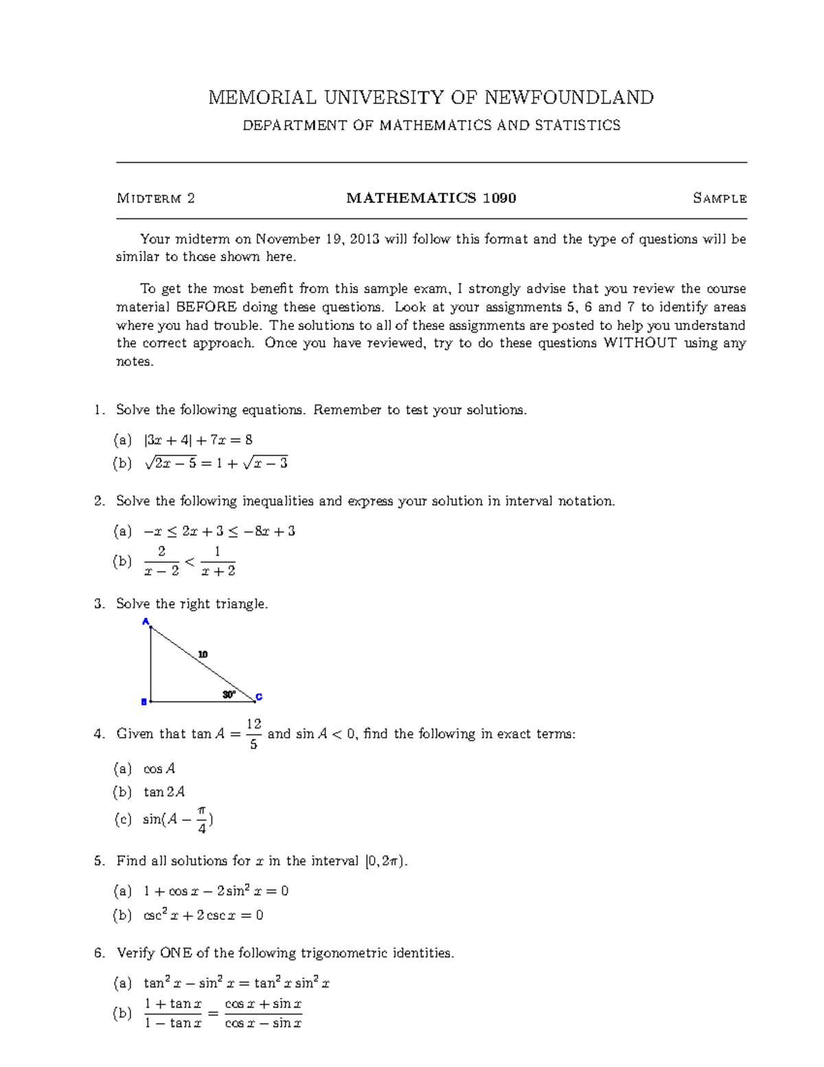 Sample/practice exam 18 november 2013, questions and answers - MEMORIAL ...