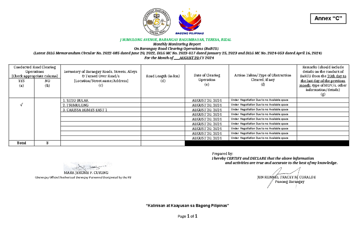 Annex C Barangay Ba RCO Monthly Monitoring Report Template with PB's ...