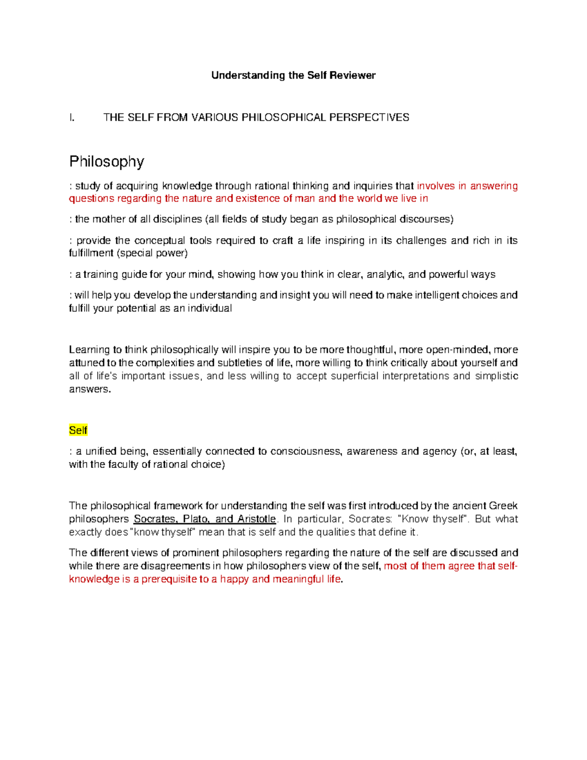 Reviewer UTS - Understanding the Self Reviewer I. THE SELF FROM VARIOUS ...