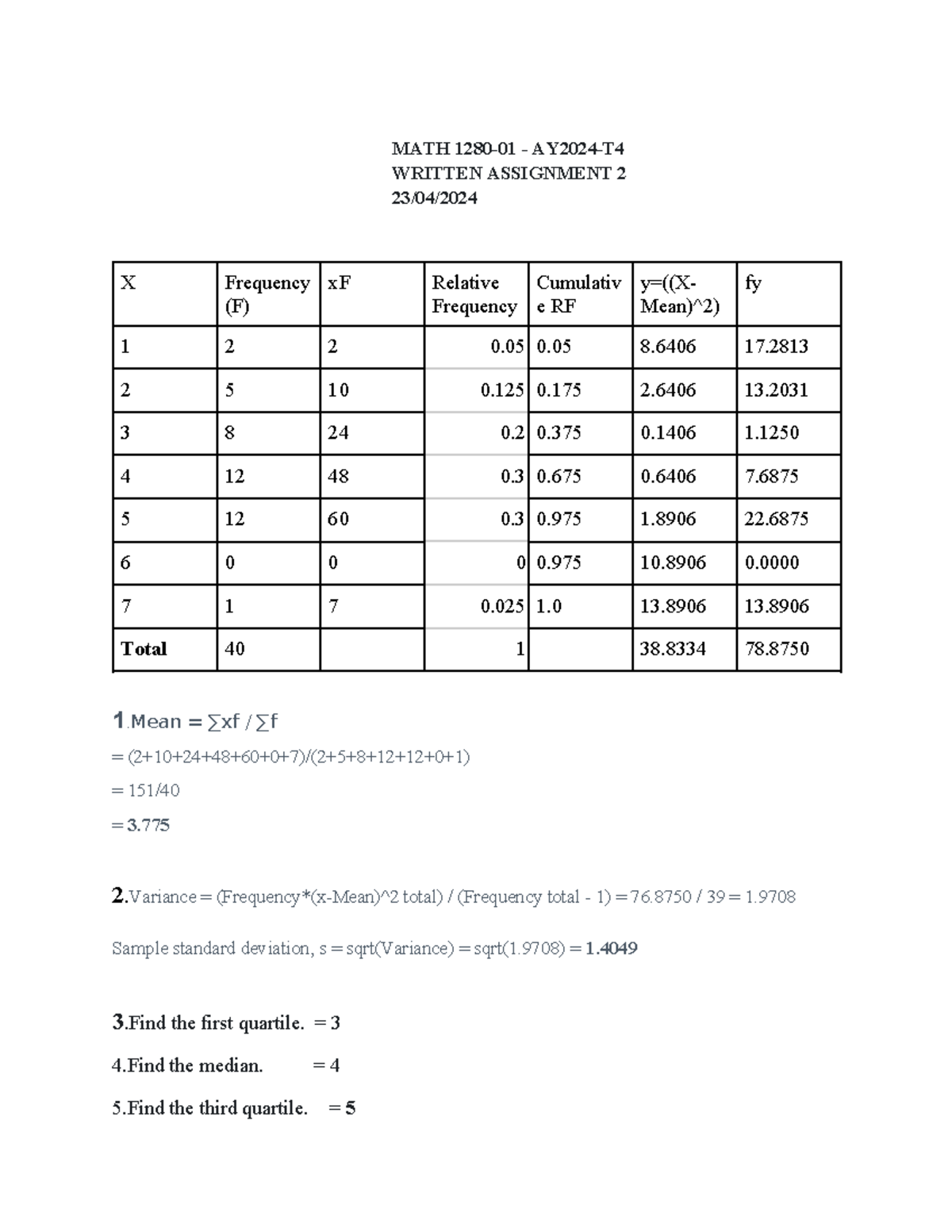 Written Assignment 2 - MATH 1280-01 - AY2024-T WRITTEN ASSIGNMENT 2 23 ...