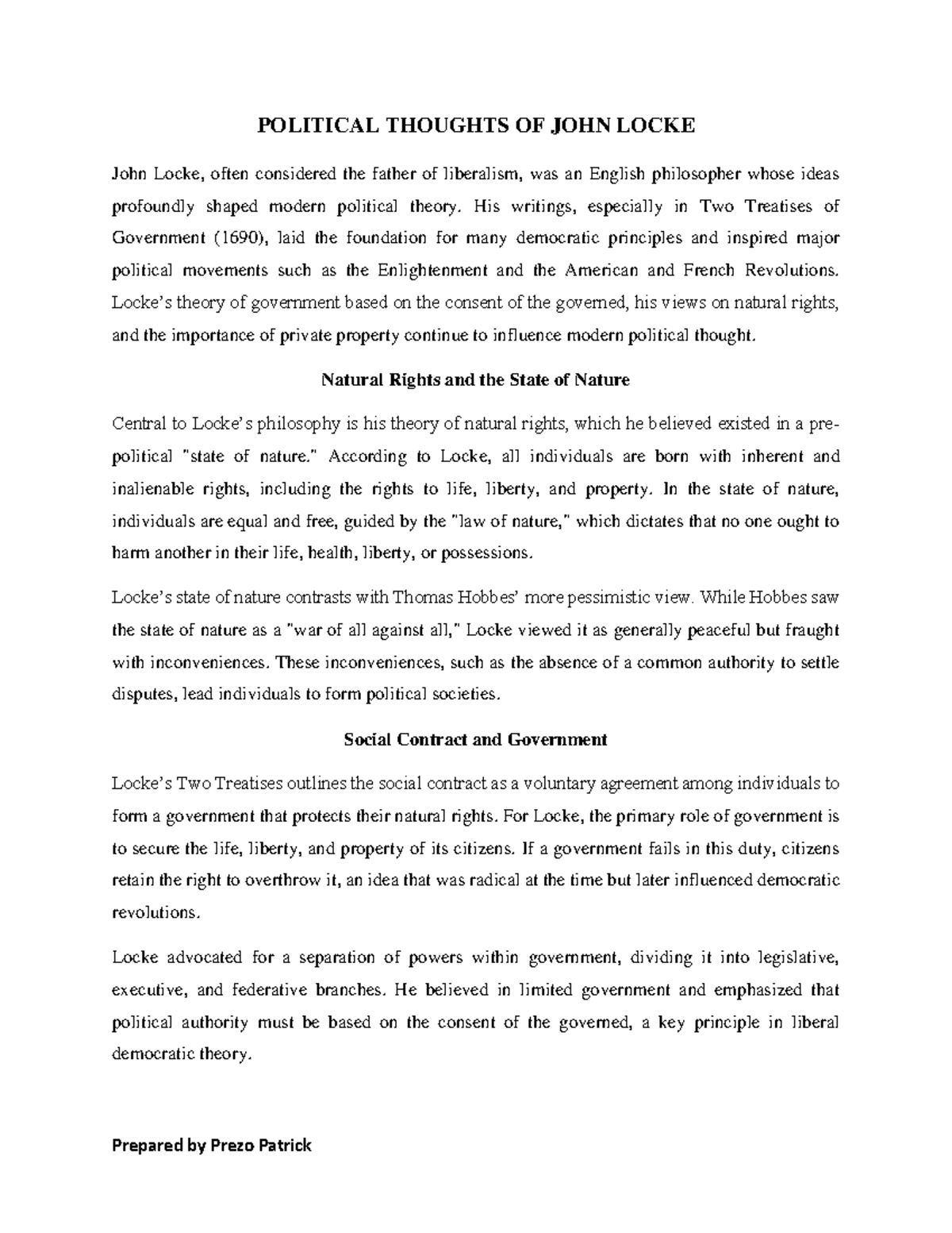 Political Thoughts OF JOHN Locke AND Thomas Hobbes - POLITICAL THOUGHTS ...