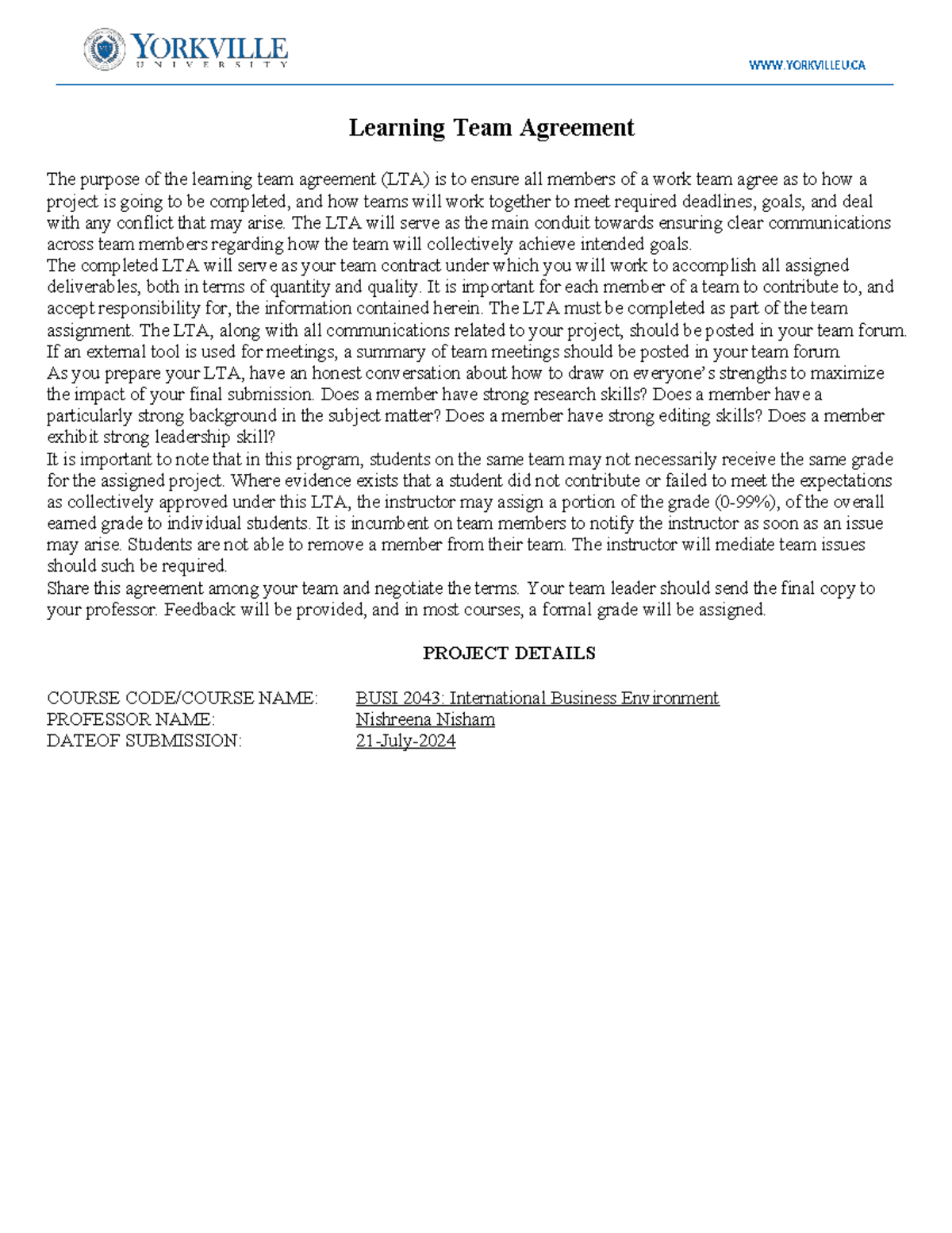 LTA-Business International - Learning Team Agreement The purpose of the ...