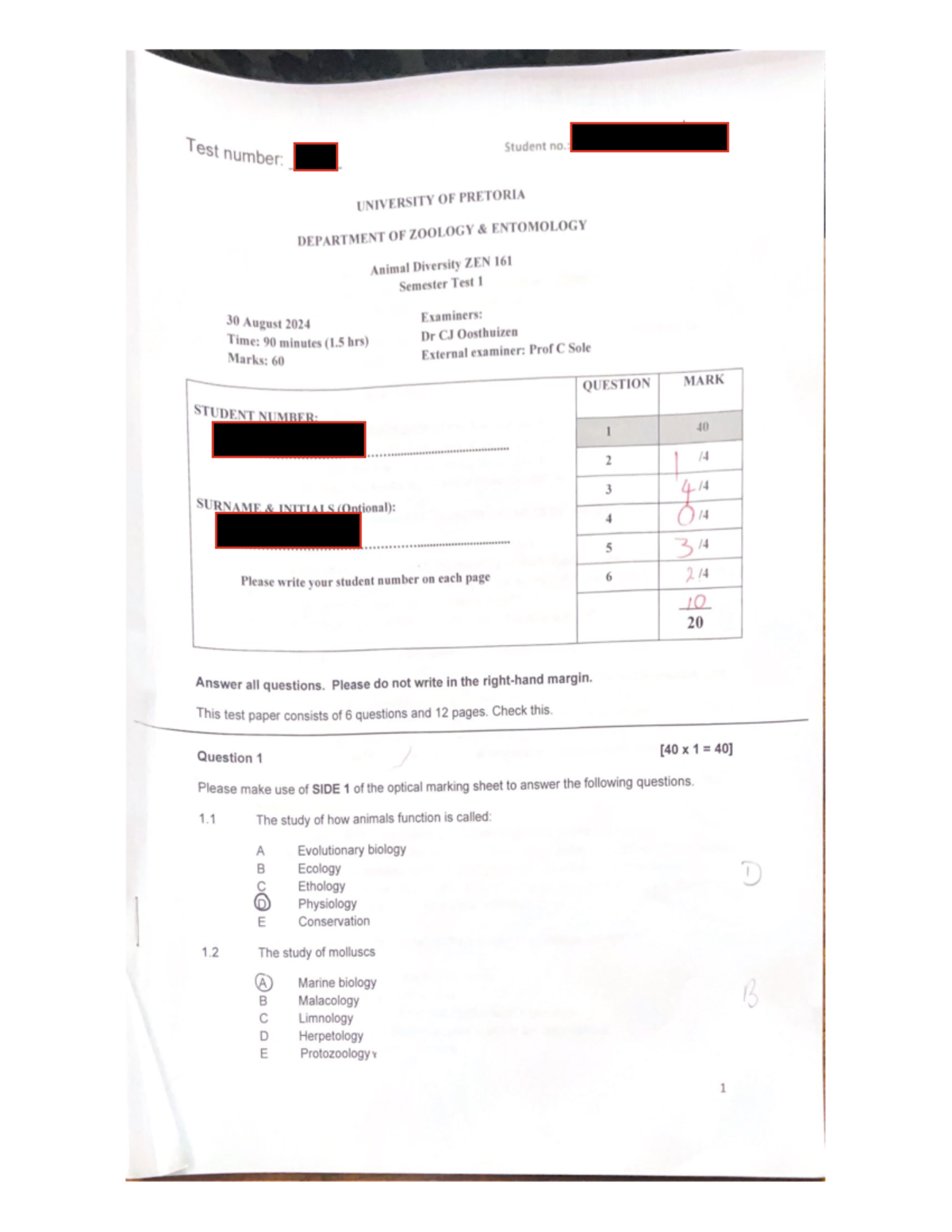 ZEN161 Semester Test 1 2024 - Test number: Student no. UNIVERSITY OF ...