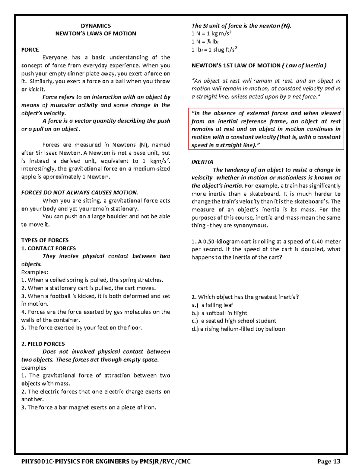 Module 2 - Newtons' Law - ####### DYNAMICS ####### NEWTON’S LAWS OF ...