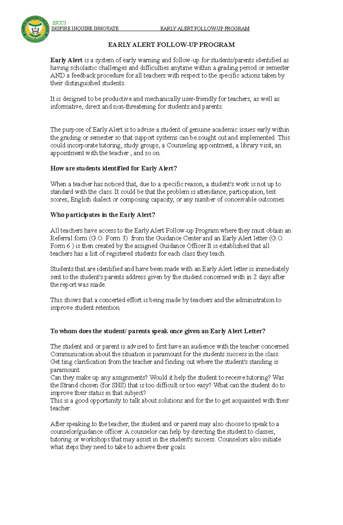 Early Alert Follow UP Program For students - SJCCI INSPIRE INQUIRE ...