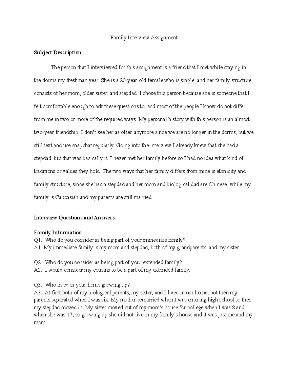 Interview Project - HDFS 202 - Family Interview Assignment Subject ...