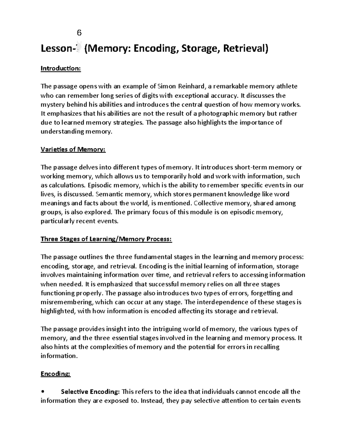 Memory Encoding Storage Retrieval Lesson 7 Memory Encoding Storage Retrieval