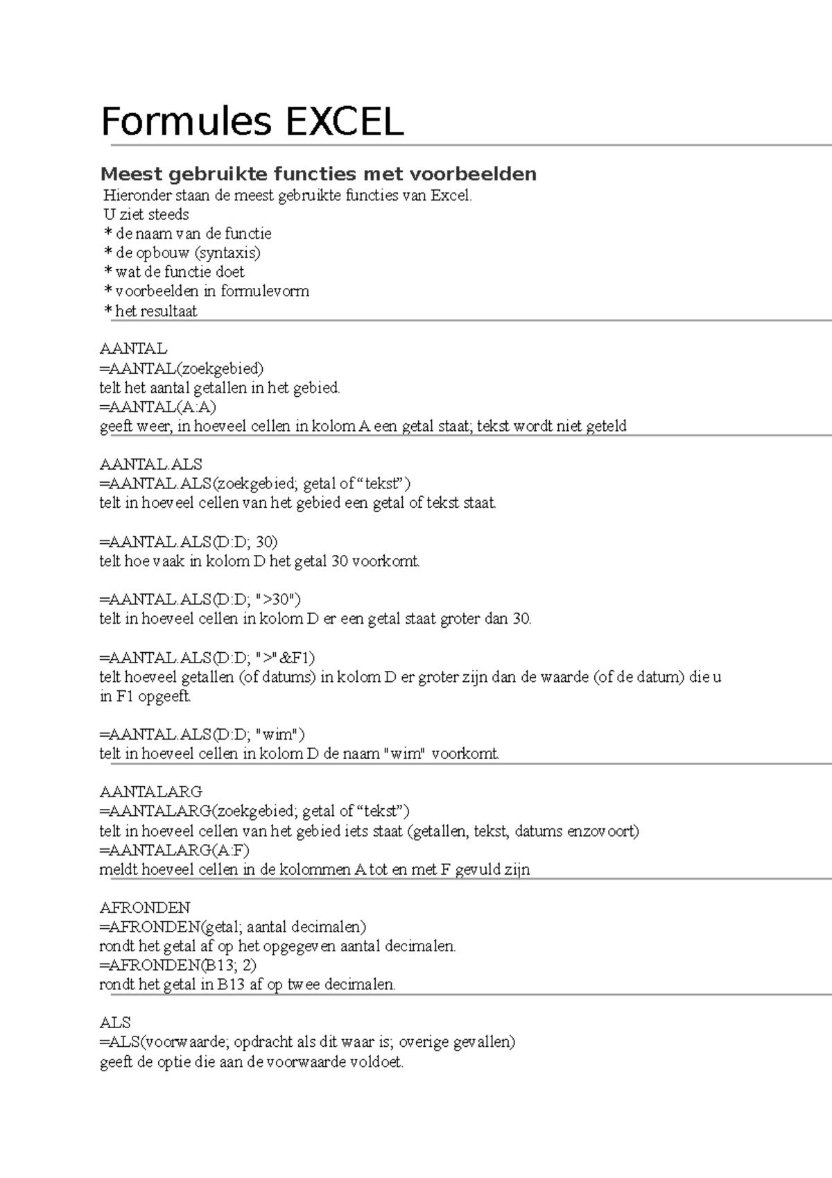 Formules Excel - Formules EXCEL Meest gebruikte functies met ...