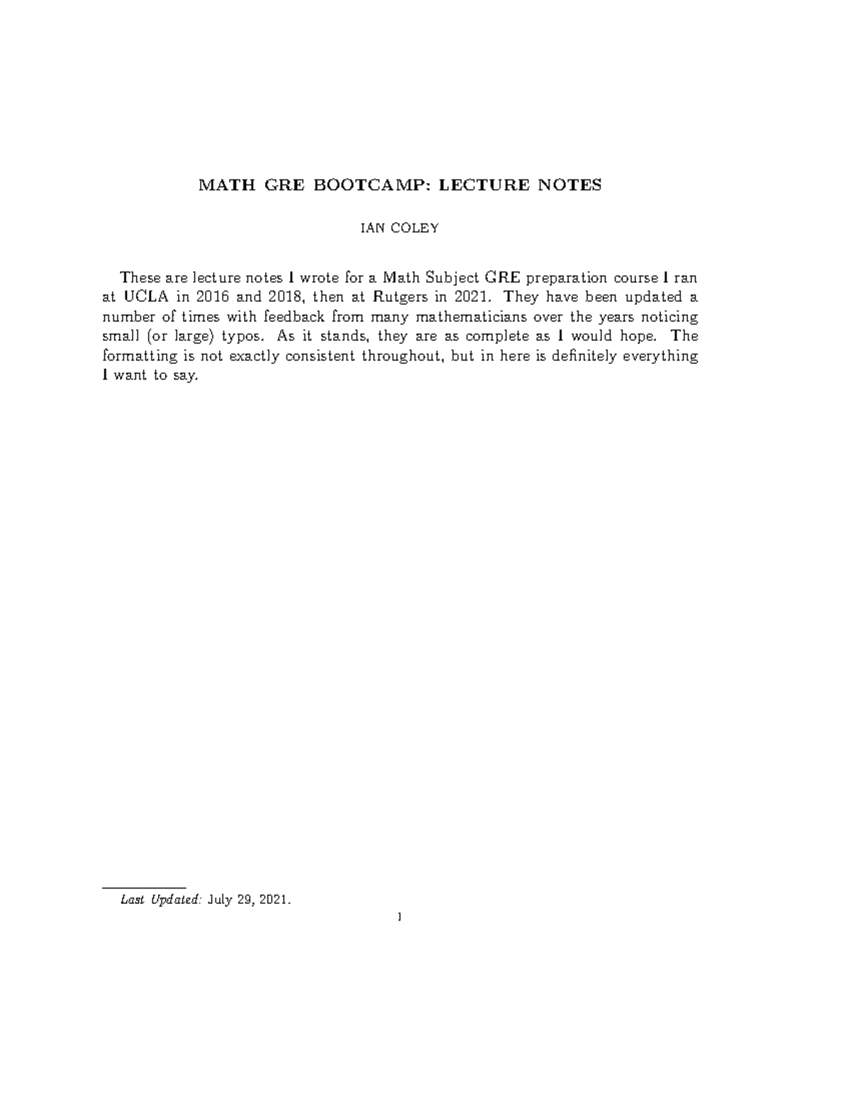 Lecture-notes - chapter notes for mid-term - MATH GRE BOOTCAMP: LECTURE ...