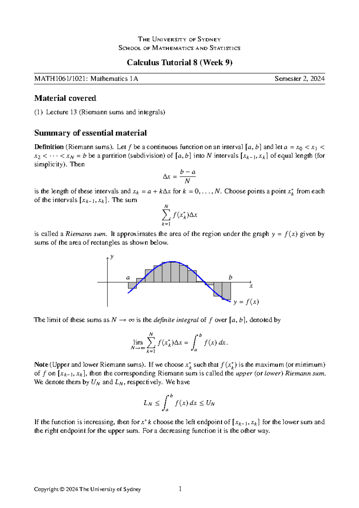 Calculus tutorial 8 week 9 - The University of Sydney School of ...