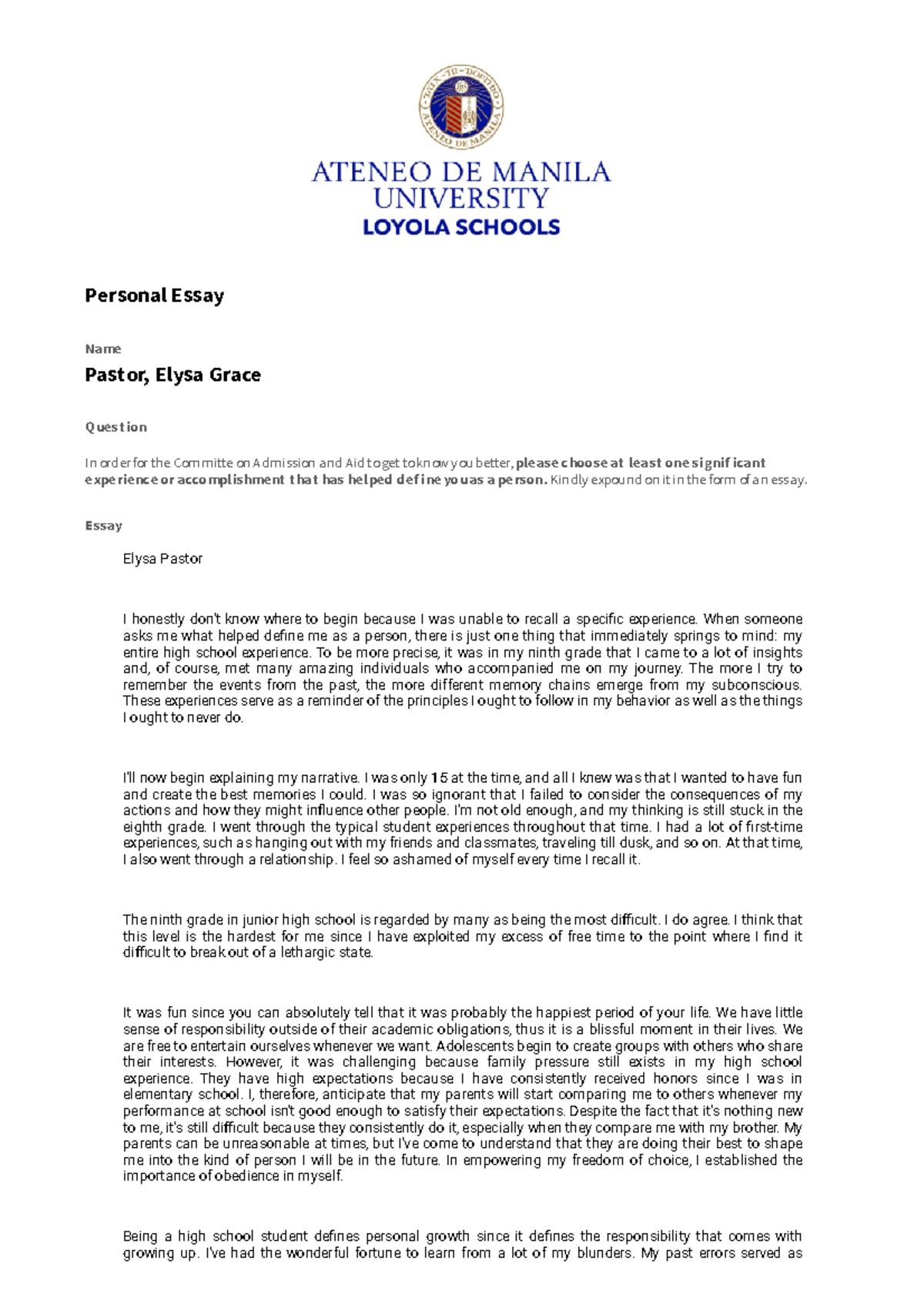 Elysa Grace Pastor Essay Form - Personal Essay Pastor, Elysa Grace In ...