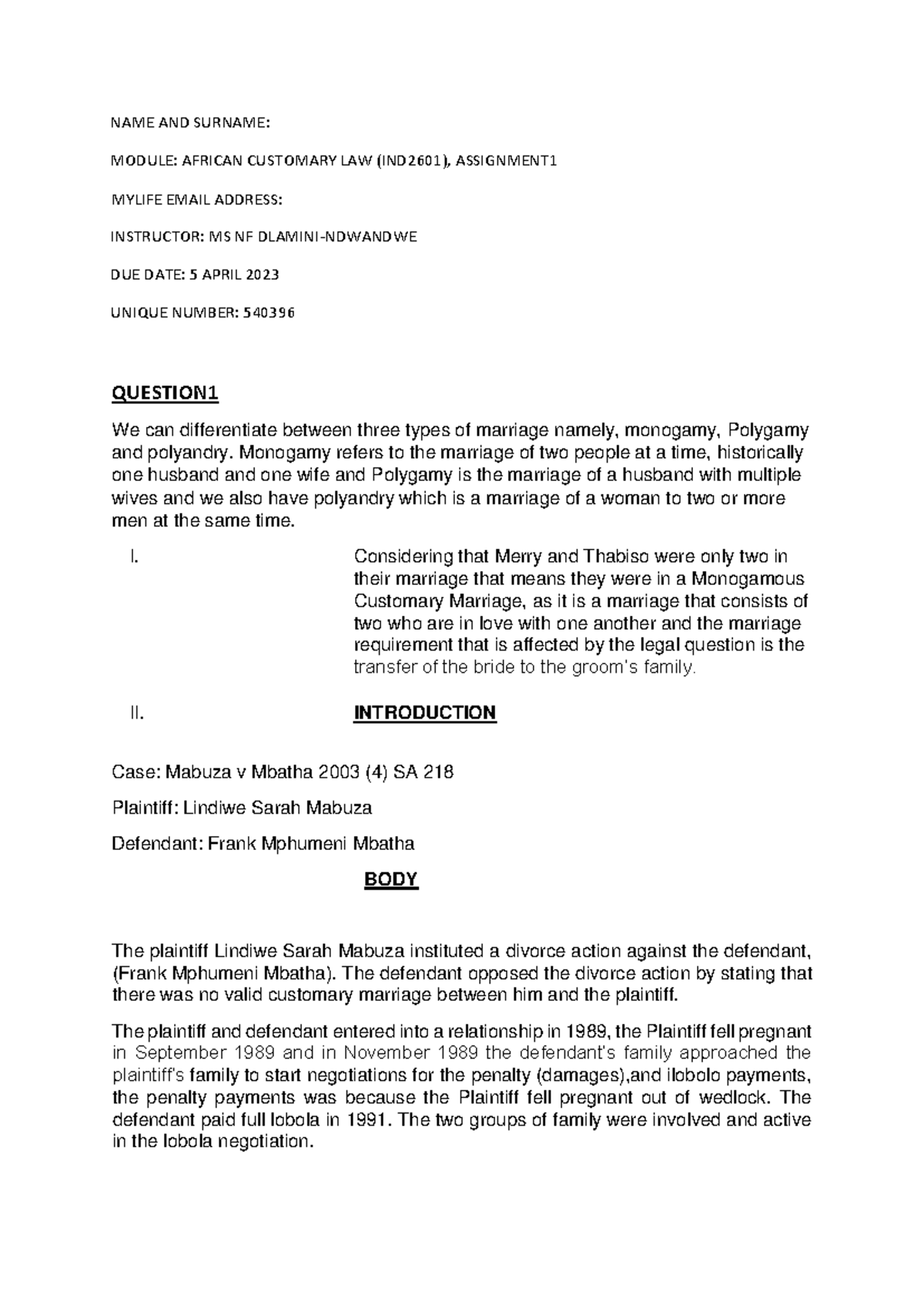 IND Assignment - NOTES - NAME AND SURNAME: MODULE: AFRICAN CUSTOMARY ...