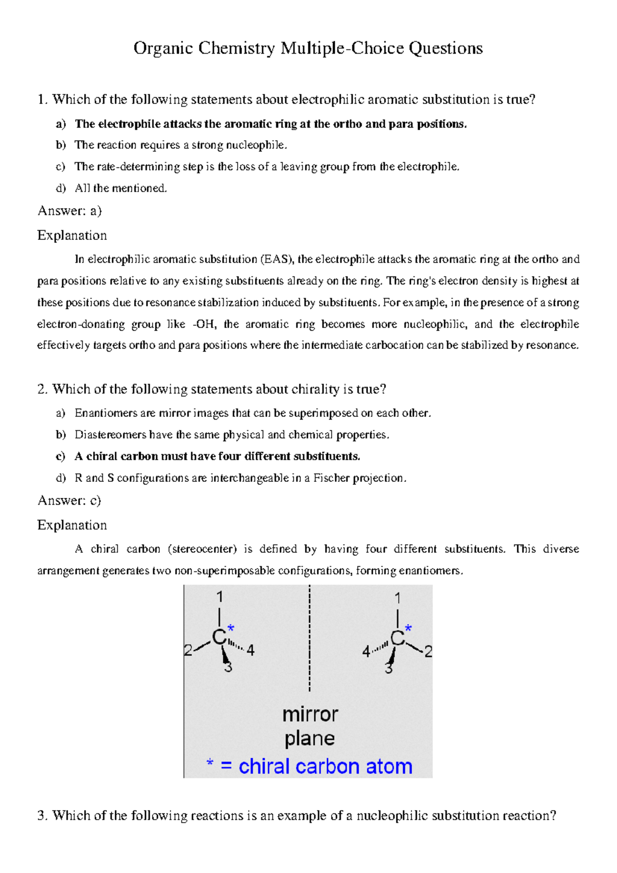 Sample - Organic Multiple-Choice Questions - Organic Chemistry Multiple ...