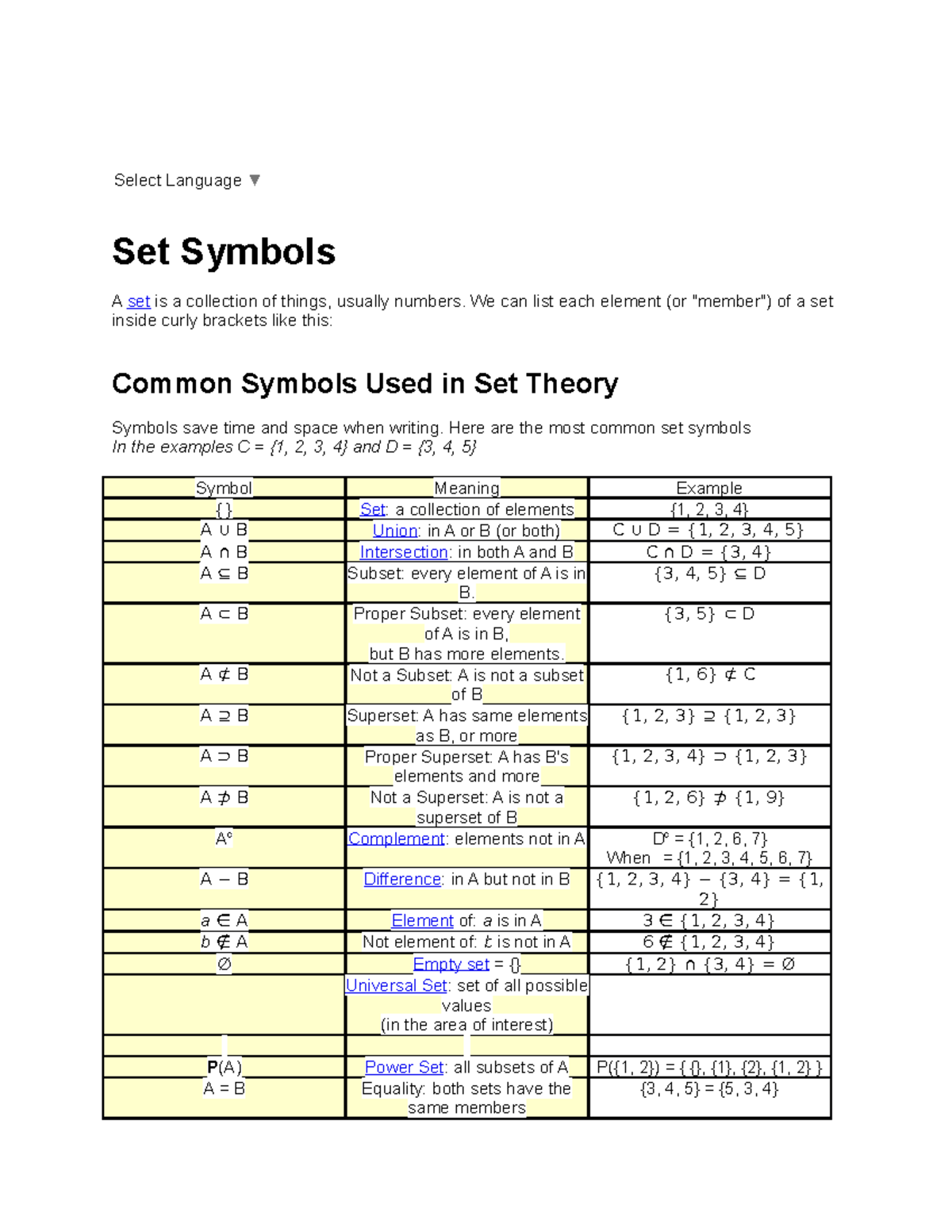 Set Symbols - Topic 2 - Select Language Set Symbols A Set Is A